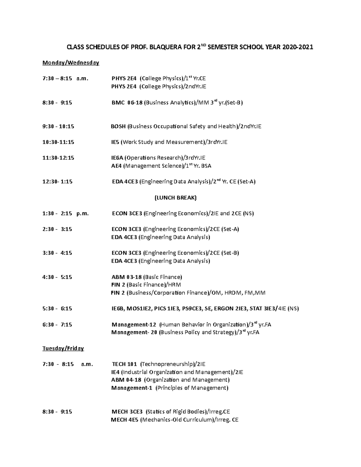 2ND-SEM - feaf - CLASS SCHEDULES OF PROF. BLAQUERA FOR 2ND SEMESTER ...