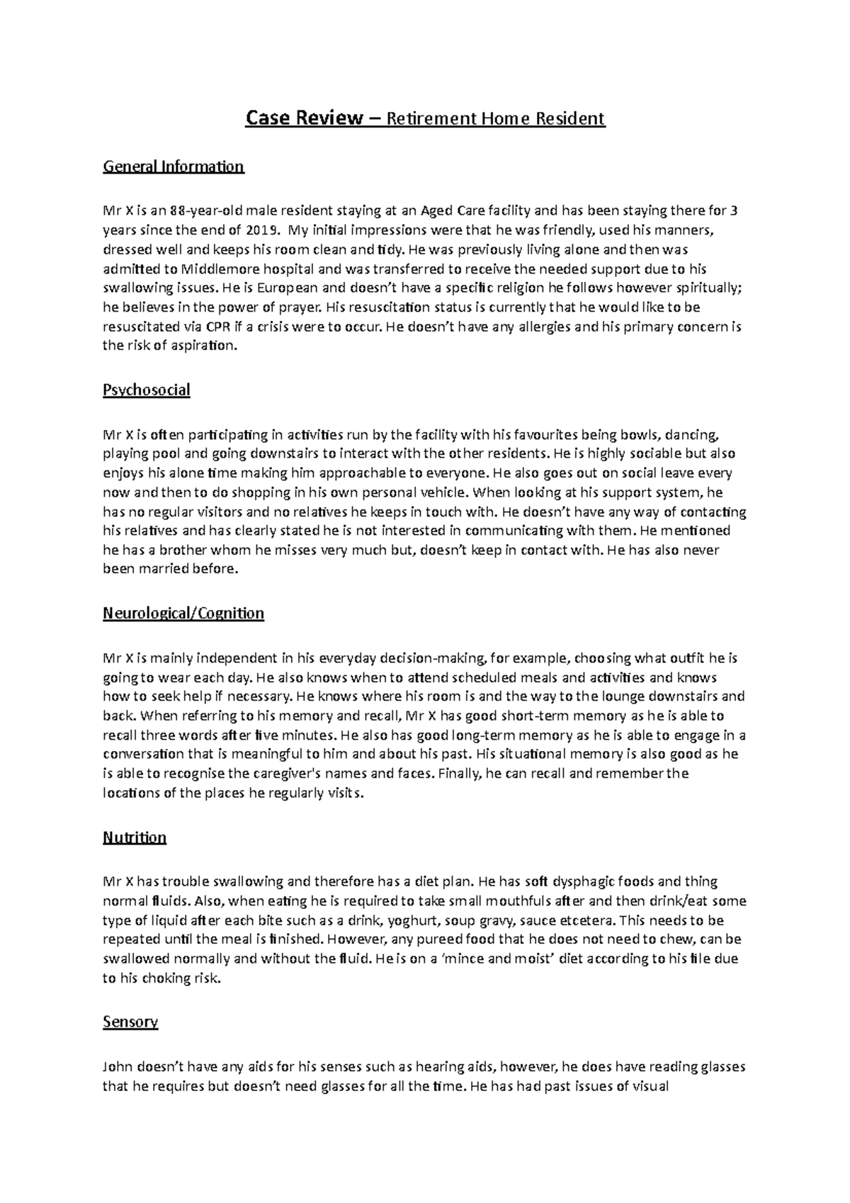 Case Review - essay - Case Review – Retirement Home Resident General ...
