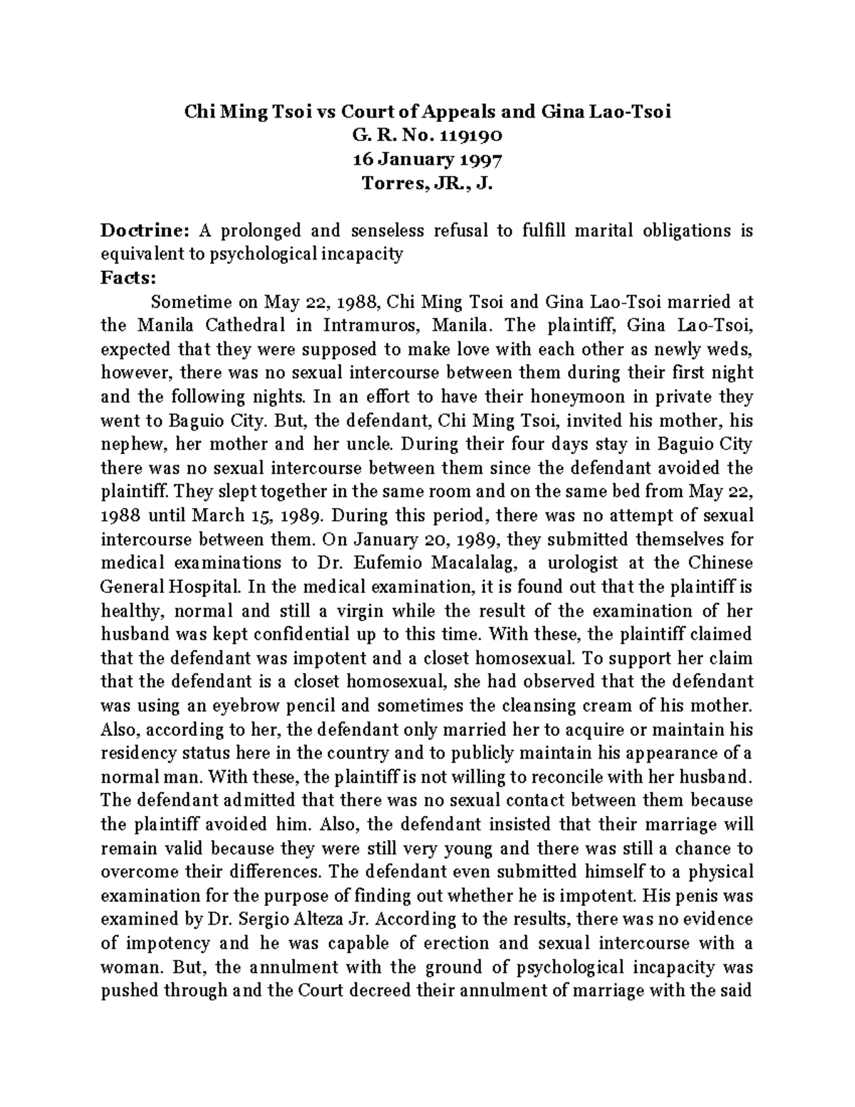 Case Digest Chi Ming Tsoi vs Court of Appeals and Gina Lao-Tsoi - Chi Ming Tsoi vs Court of ...