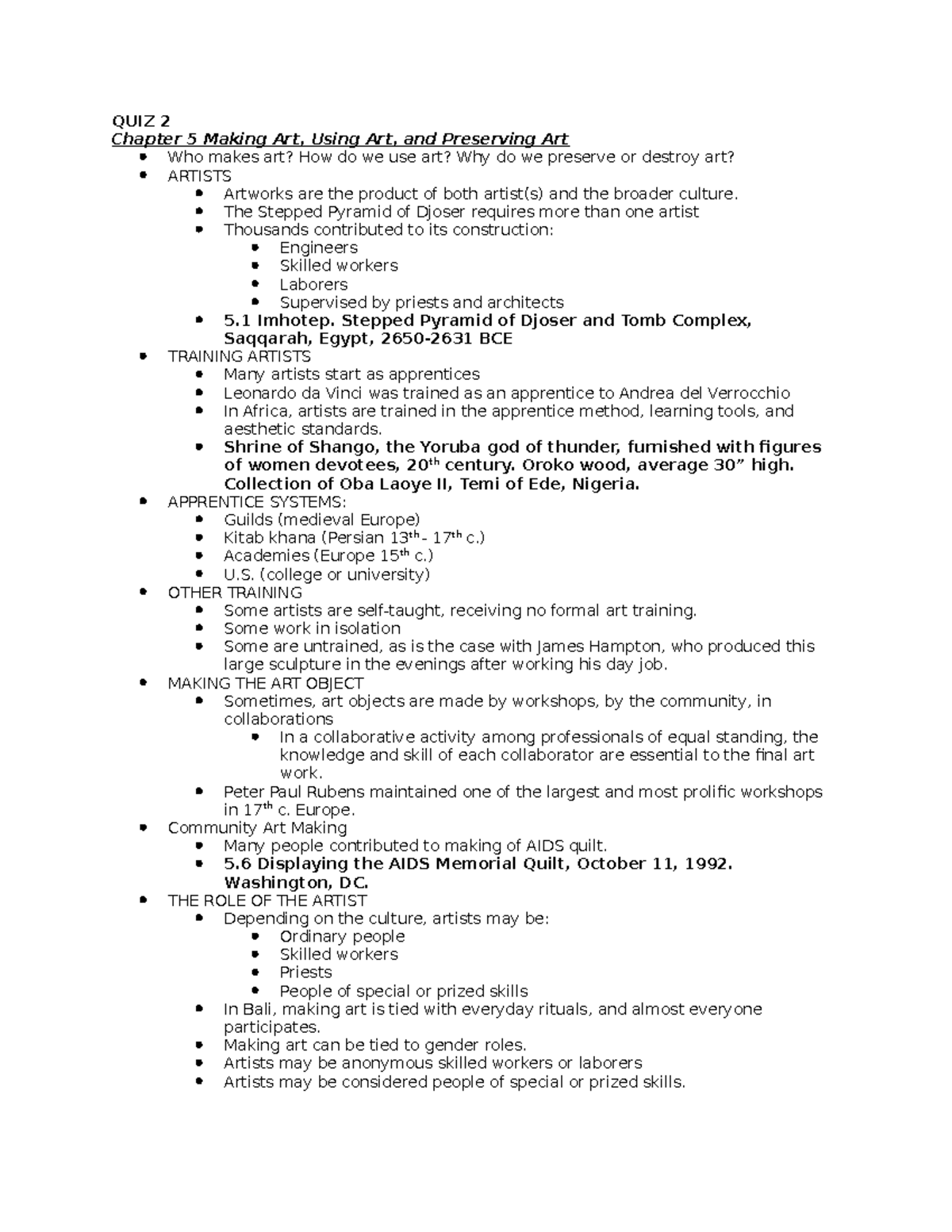 QUIZ 2 Study Guide Art 100 - QUIZ 2 Chapter 5 Making Art, Using Art ...