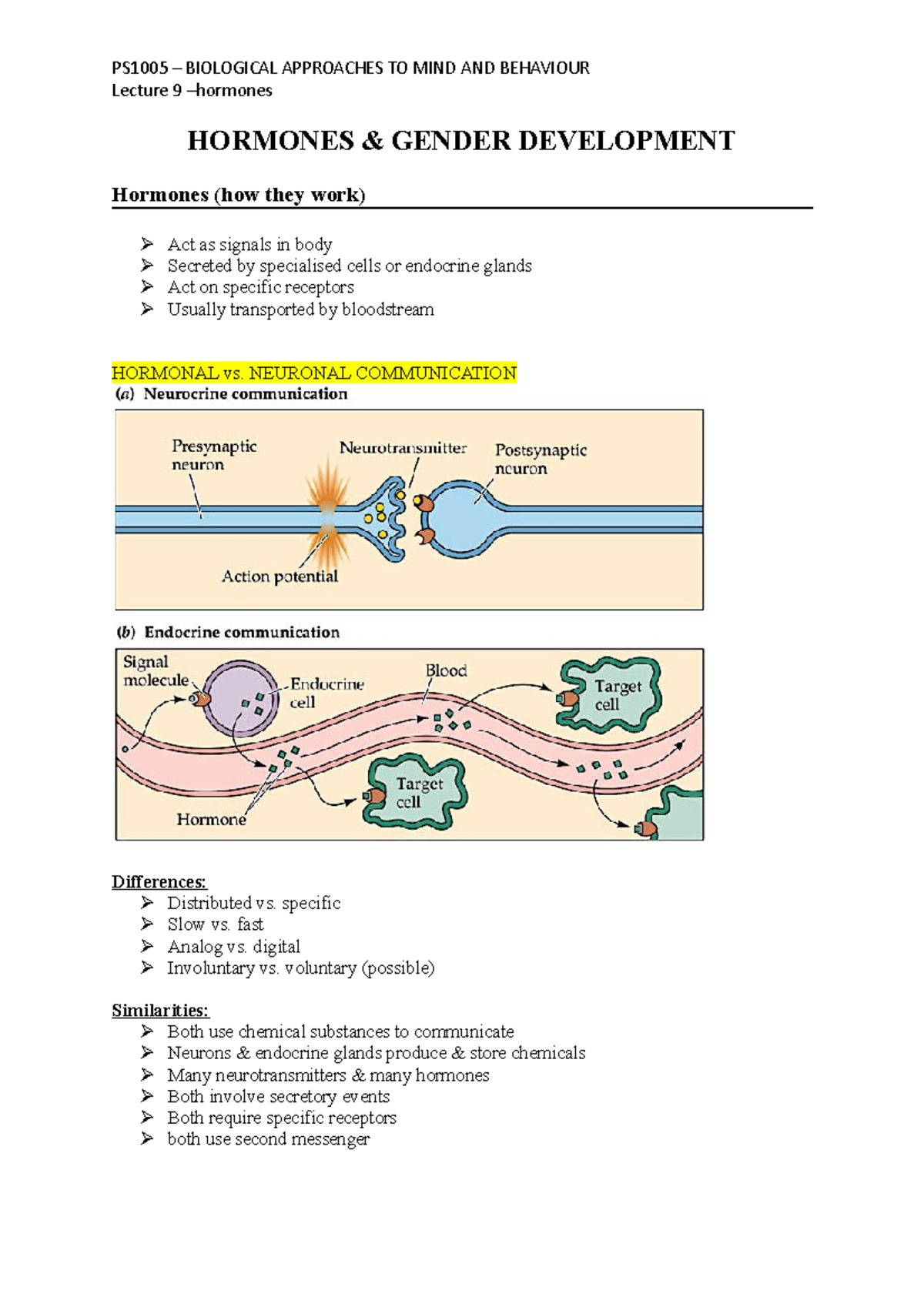 Hormones & Gender Development - PS1005 – BIOLOGICAL APPROACHES TO MIND ...