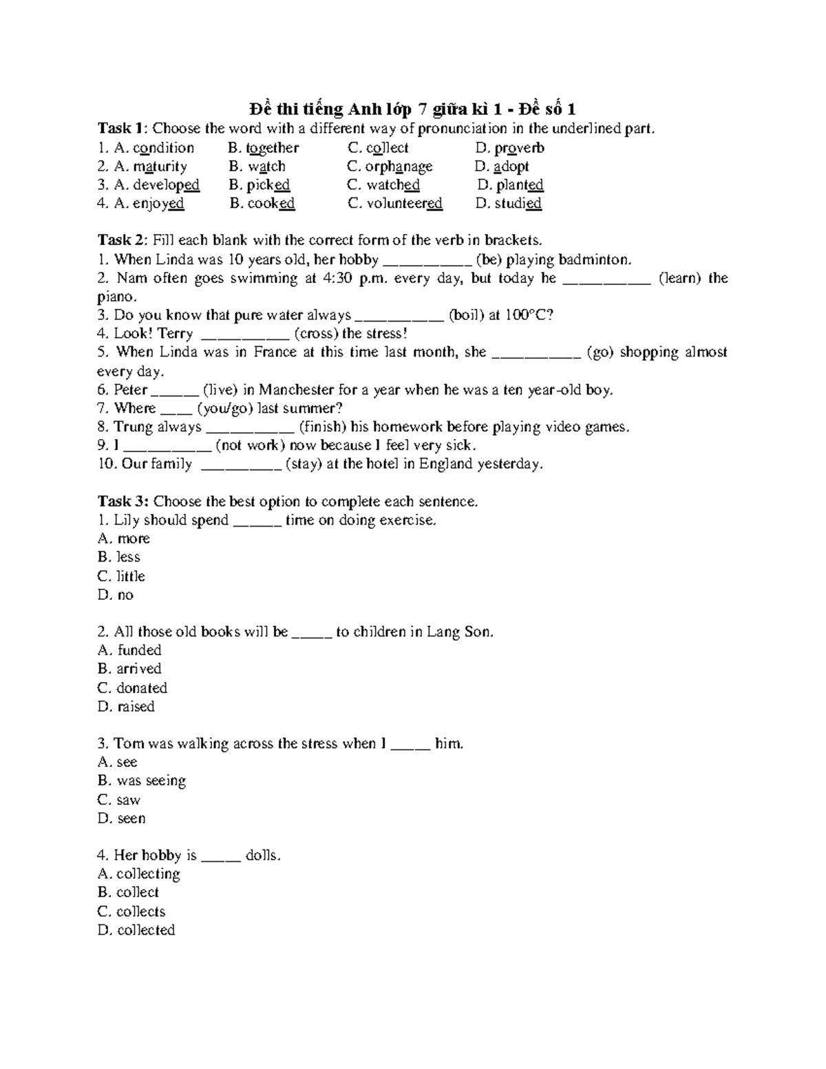 De thi tieng Anh lop 7 giua ki 1 De so 1 - Đề thi tiếng Anh lớp 7 giữa kì 1 - Đề số 1 Task 1 ...