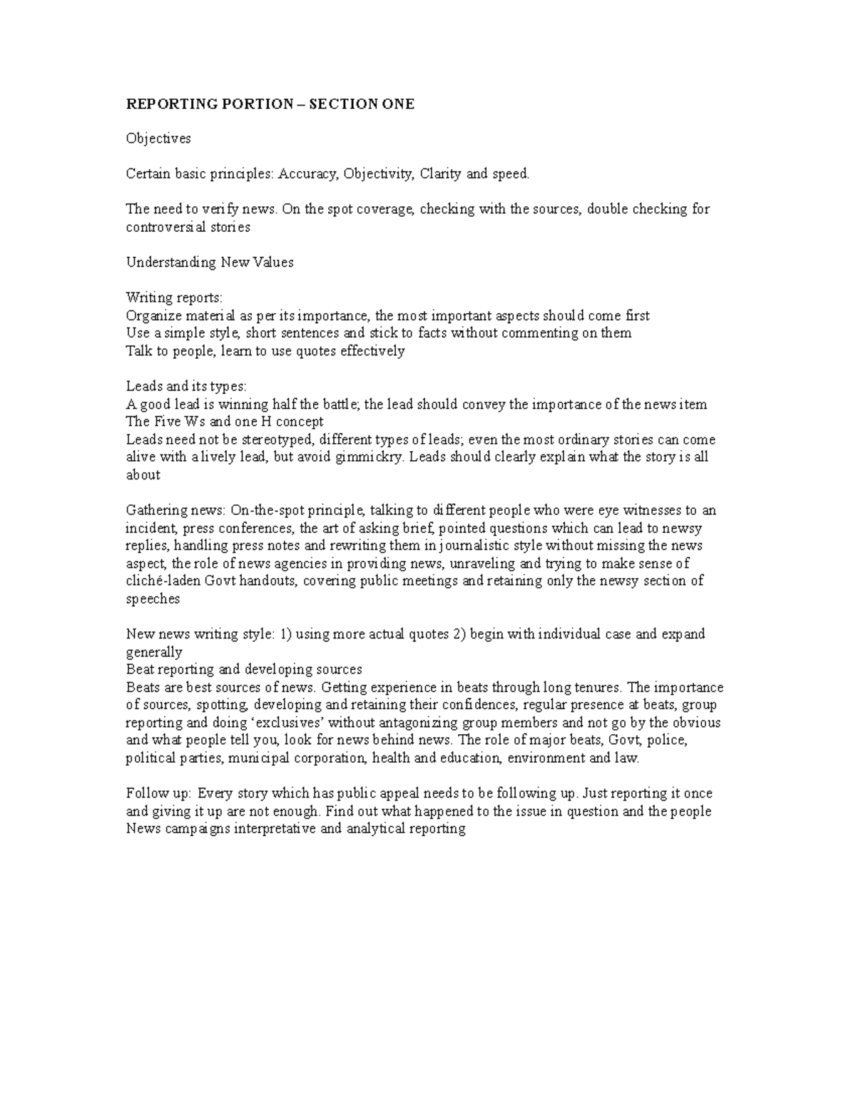 Reporting notes - set 1 - REPORTING PORTION – SECTION ONE Objectives ...