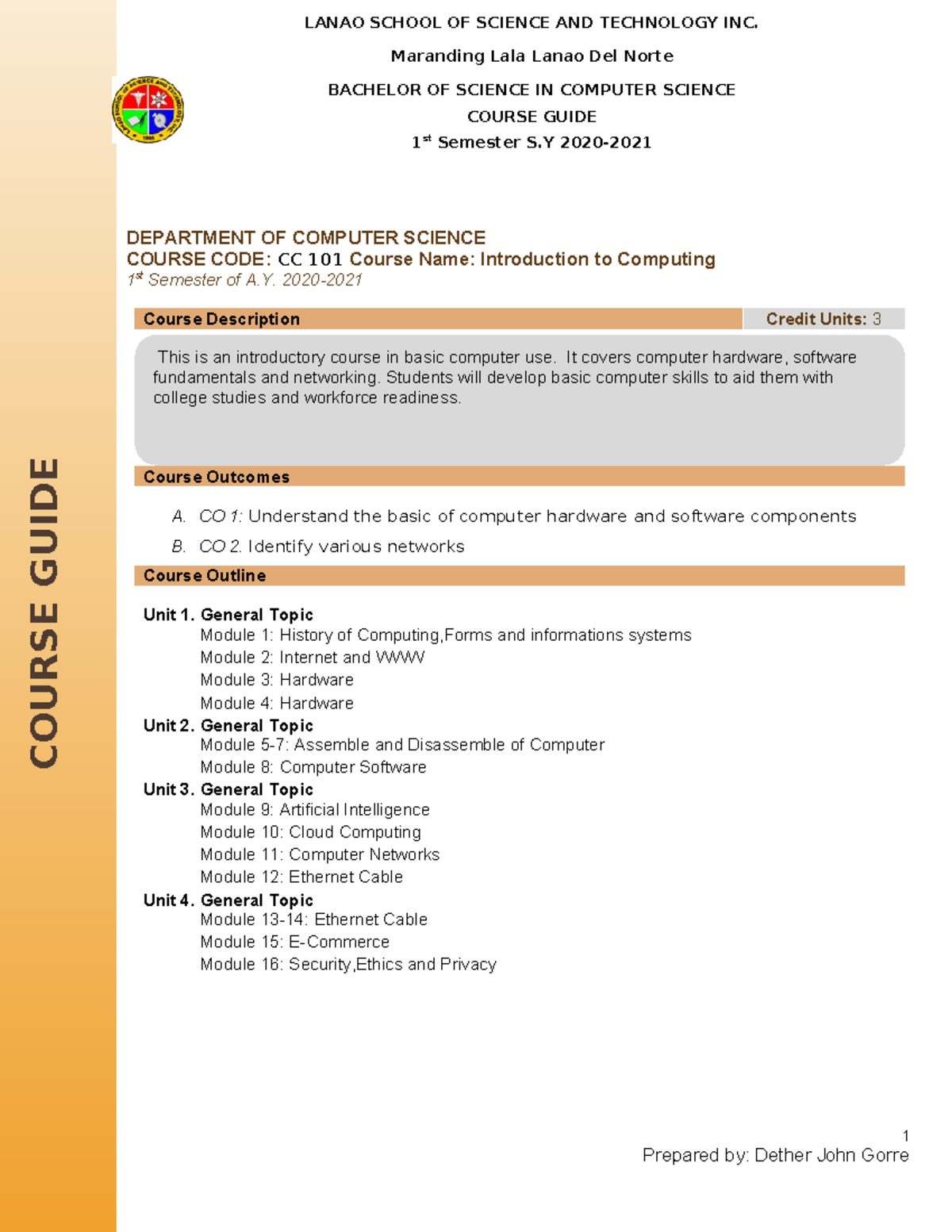 Course guide of introduction to computing - Block A - COURSE GUIDE ...