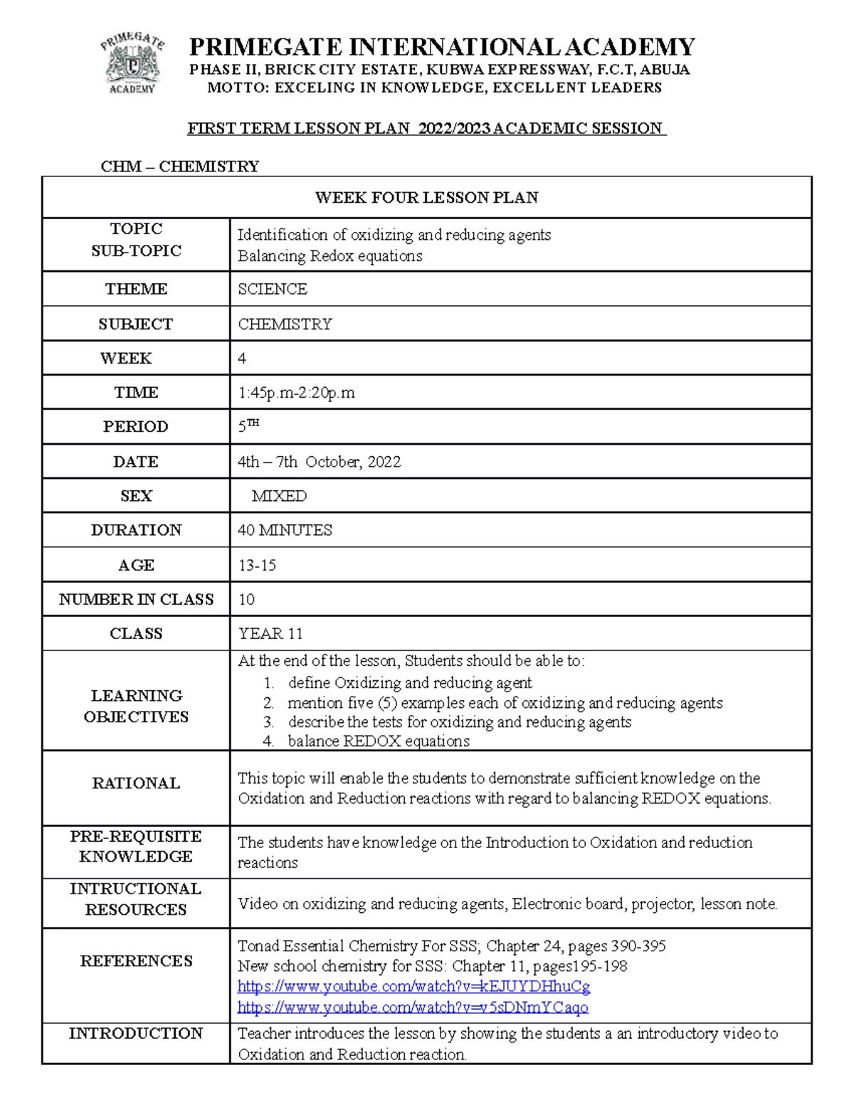CHM Yr 11 wk4 1st term pga - PRIMEGATE INTERNATIONAL ACADEMY PHASE II ...