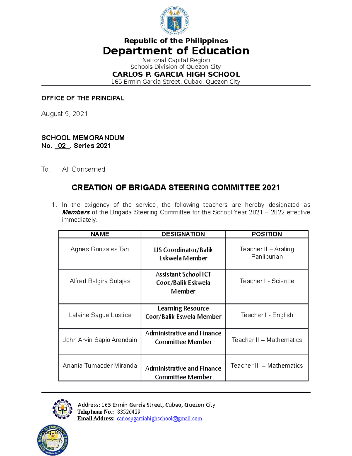 Memo-BE-Members - brigada - Republic of the Philippines Department of ...