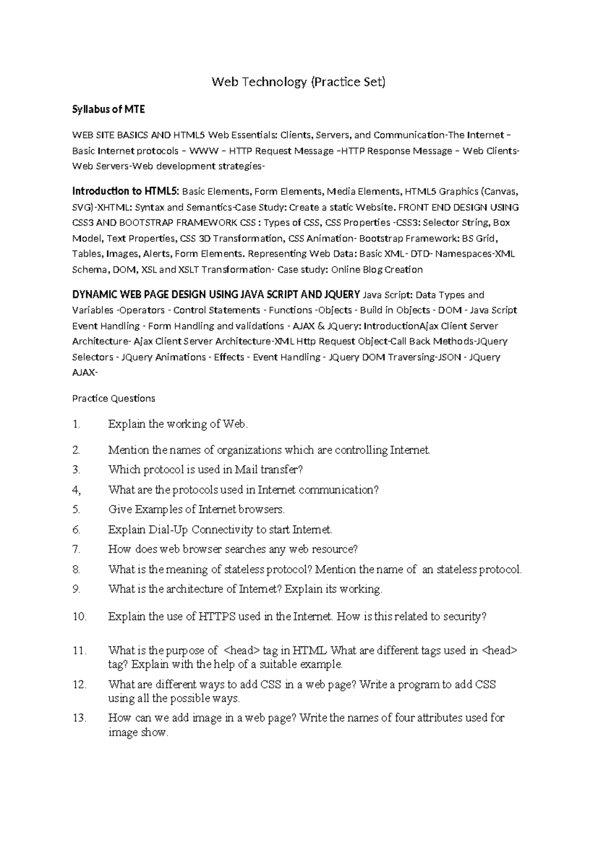 Practice set (For Students) - Web Technology (Practice Set) Syllabus of MTE WEB SITE BASICS AND ...