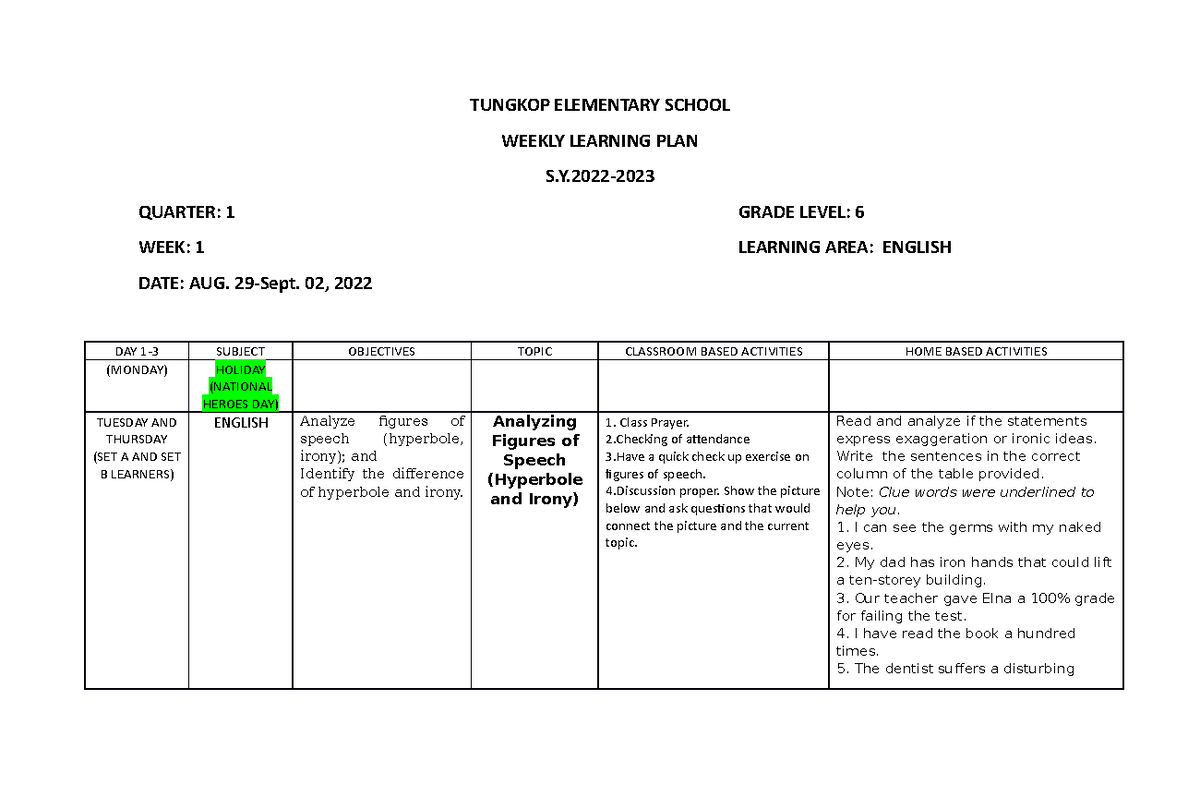 Q1 eng wk 1 - weekly learning plan in english - TUNGKOP ELEMENTARY ...