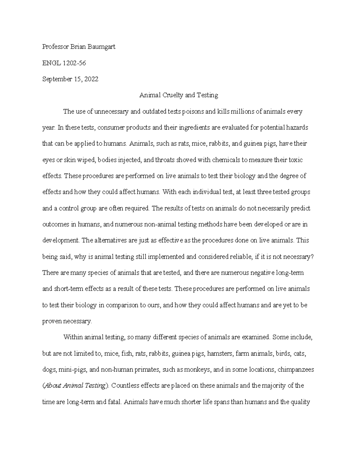 Animal Cruelty Essay PAGE1 - Professor Brian Baumgart ENGL 1202 ...