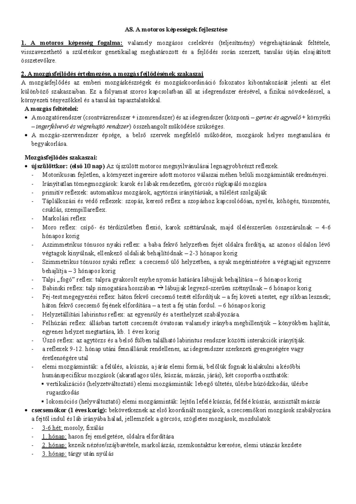 A8. tétel - A motoros képességek fejlesztése - rövid, átdolgozott - A8 ...