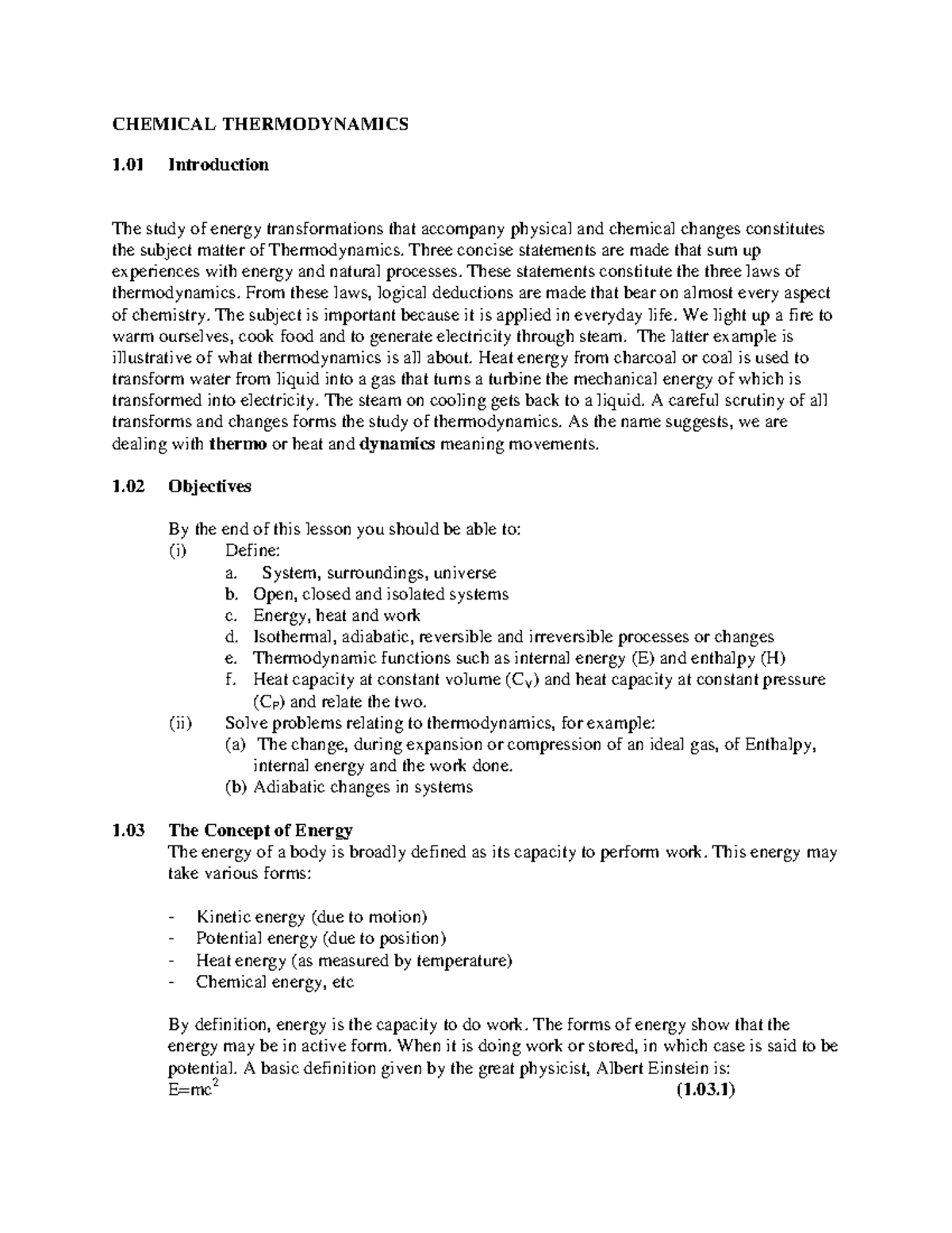 1. Chemical Thermodynamics-1 - CHEMICAL THERMODYNAMICS 1 Introduction ...