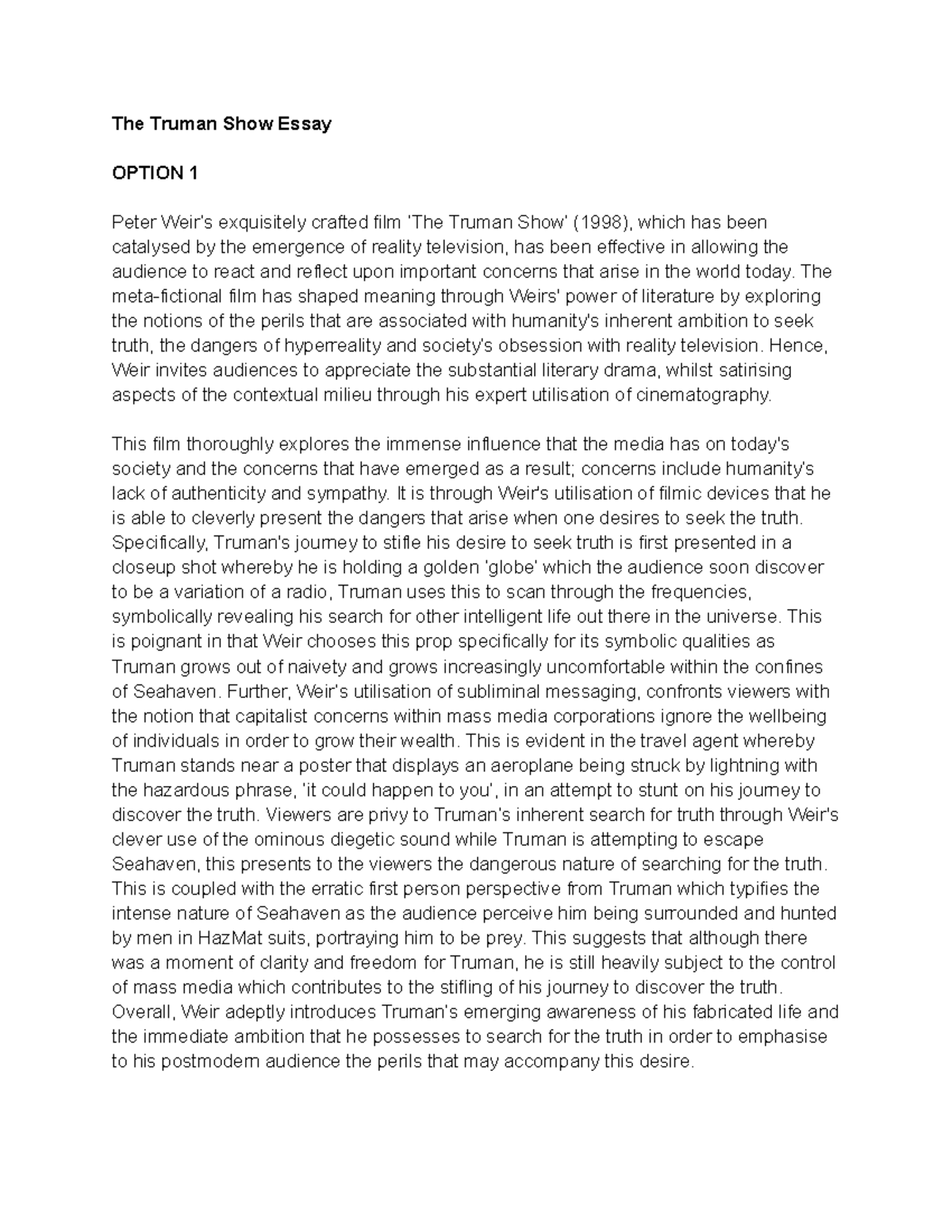 The Truman Show Essays - Essay - The Truman Show Essay OPTION 1 Peter ...
