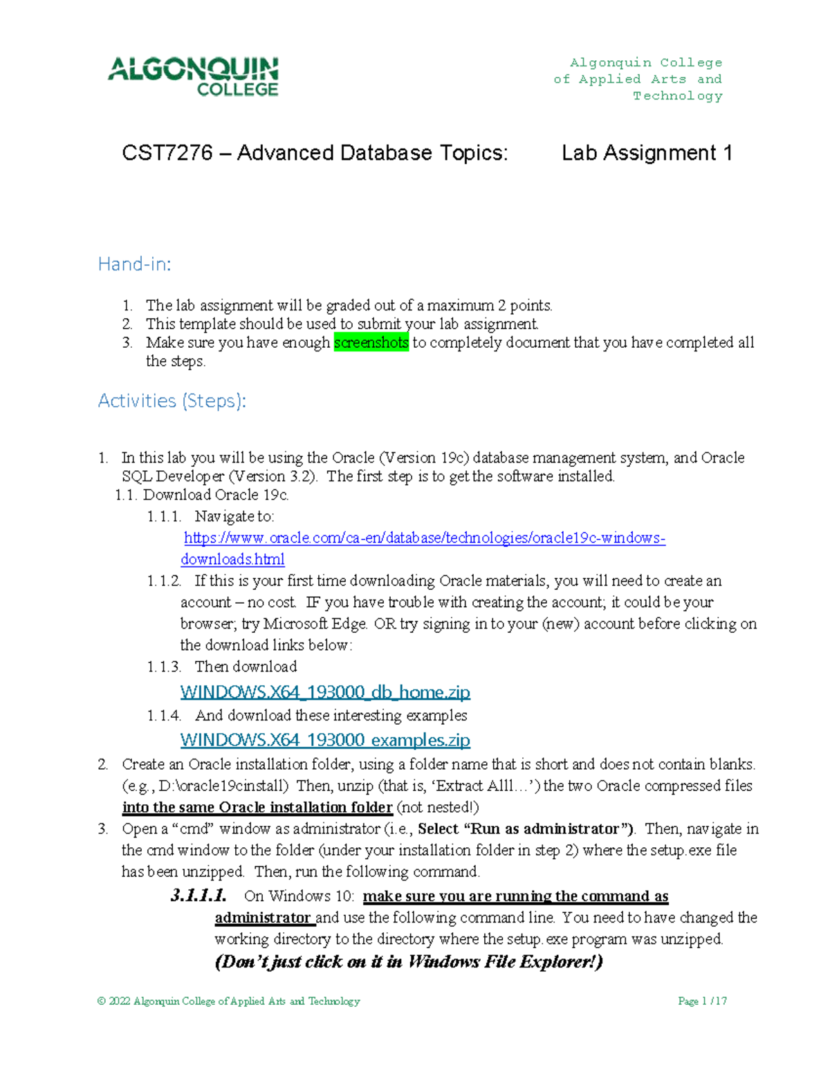 Cst7276 Lab01 Adanced Database Lab1 Of Applied Arts And Technology Cst7276 Advanced