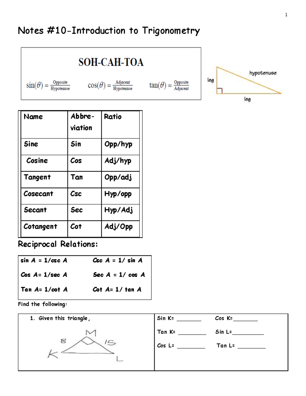 Notes #10-Introduction to TRIG - Notes #1 0 - Introduction to ...