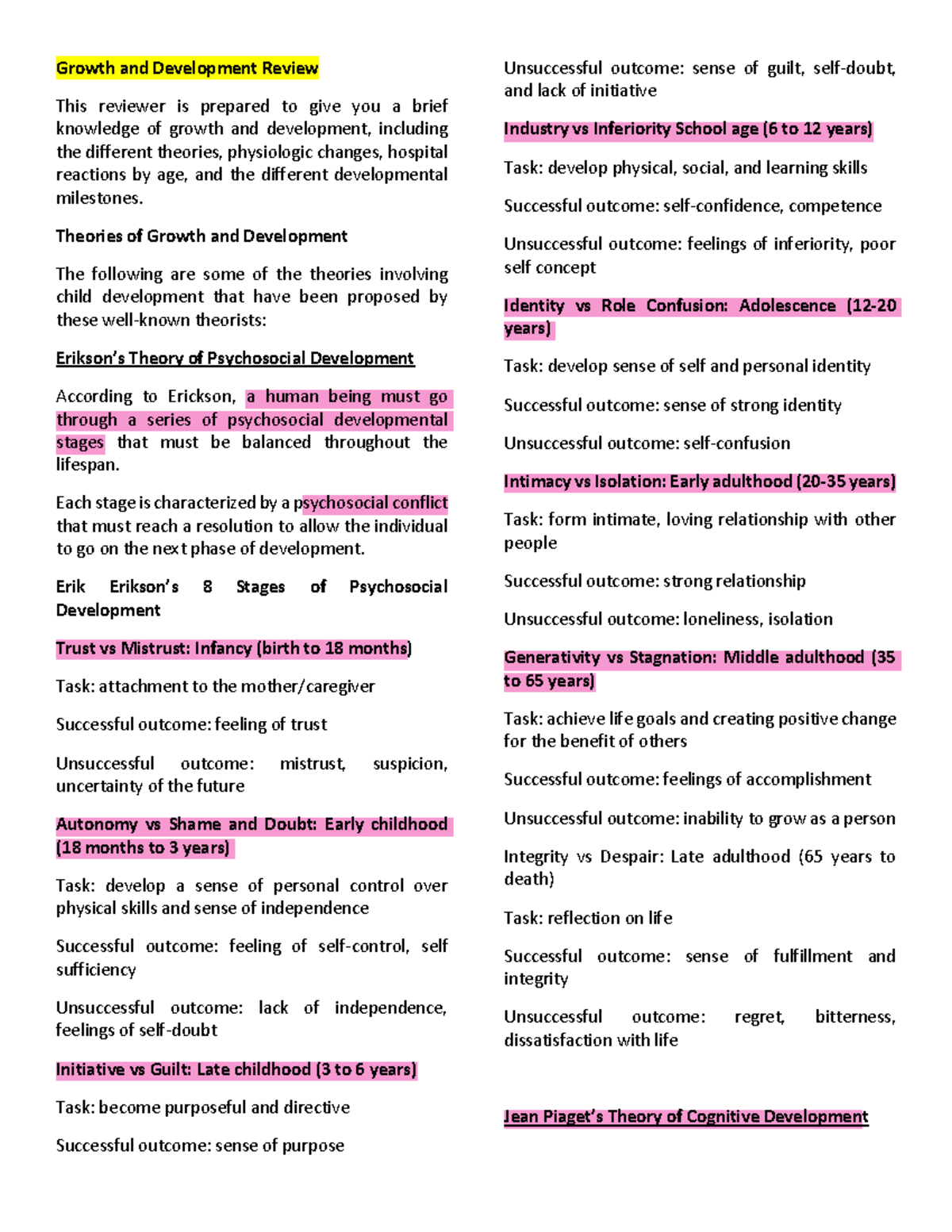 Growth and Development Review - Theories of Growth and Development The ...