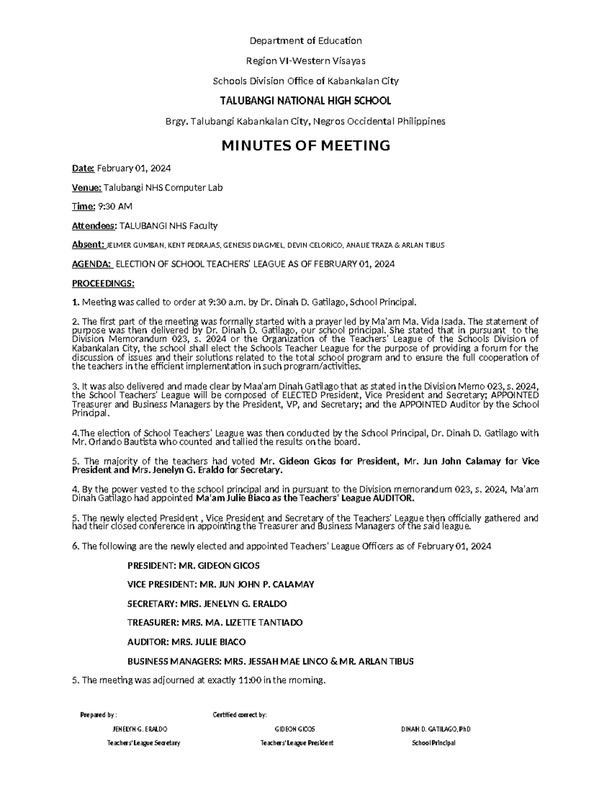 Minutes OF Meeting Teachers' League - Department of Education Region VI ...