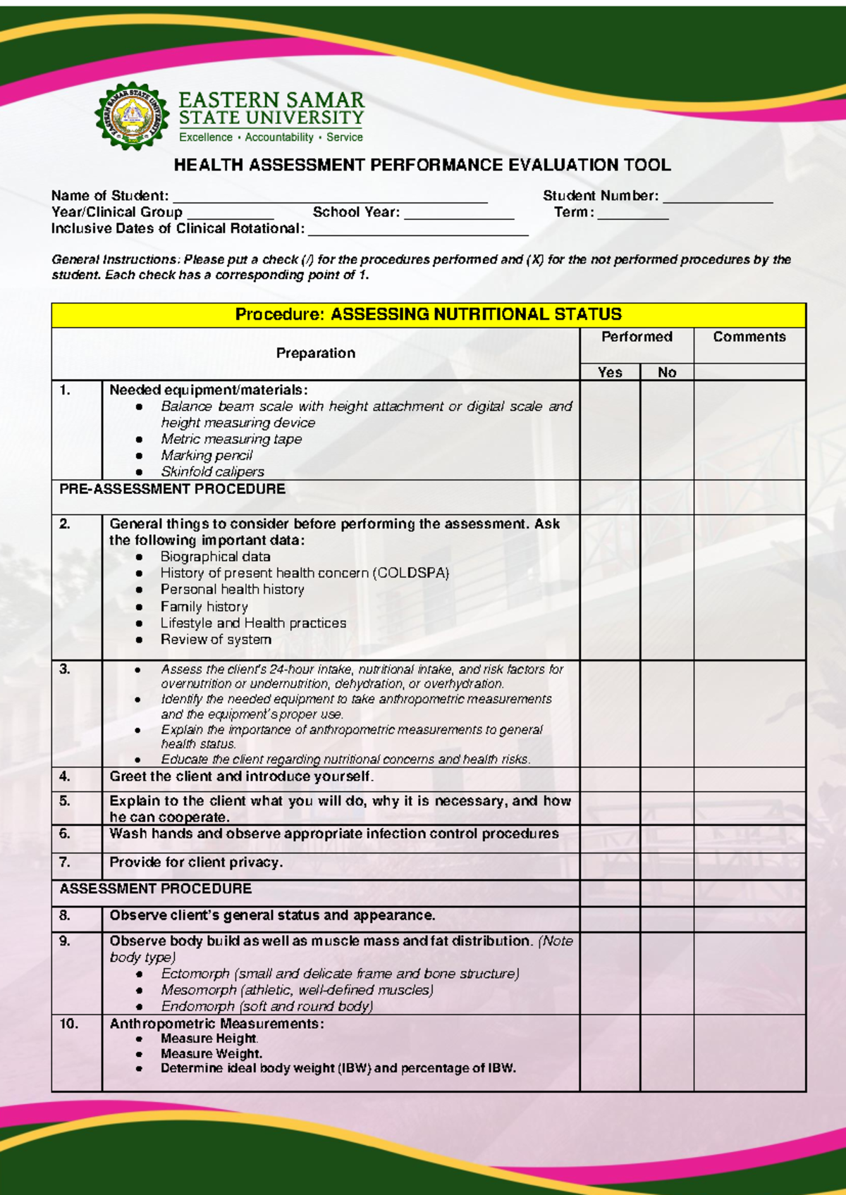 Assessing Nutritional Status Checklist - HEALTH ASSESSMENT PERFORMANCE ...