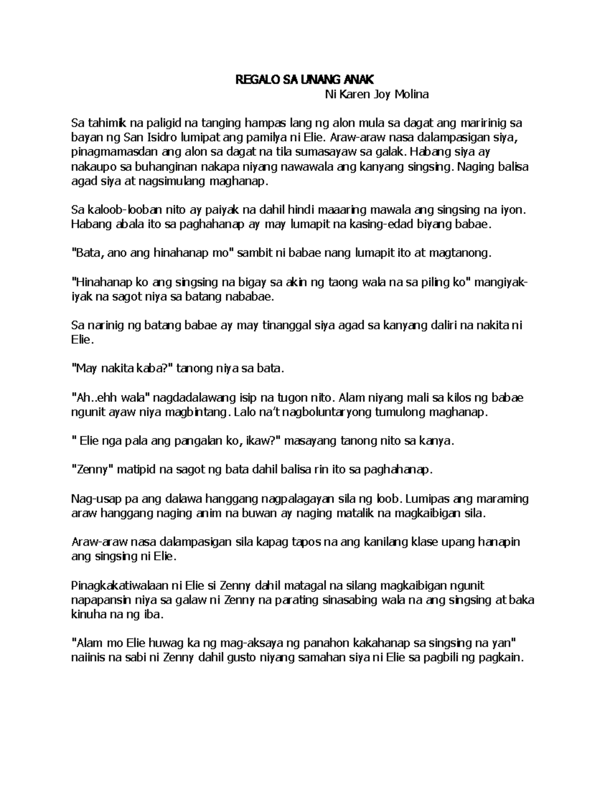 Singsing 1 - maikling kwento - REGALO SA UNANG ANAK Ni Karen Joy Molina ...