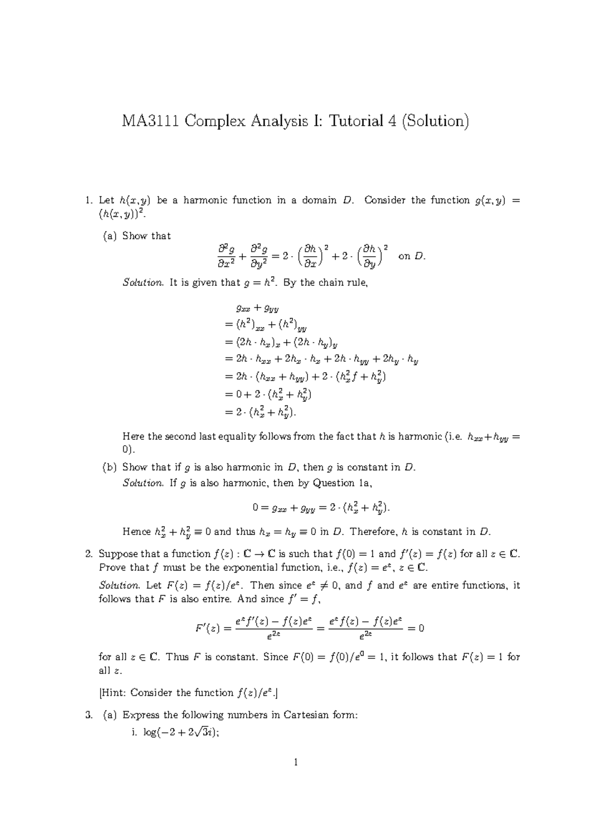 Harmonic function - Consider the function g(x, y) = (h(x, y)) 2. (a) Show that ∂ 2 g ∂x 2 + ∂ 2 ...
