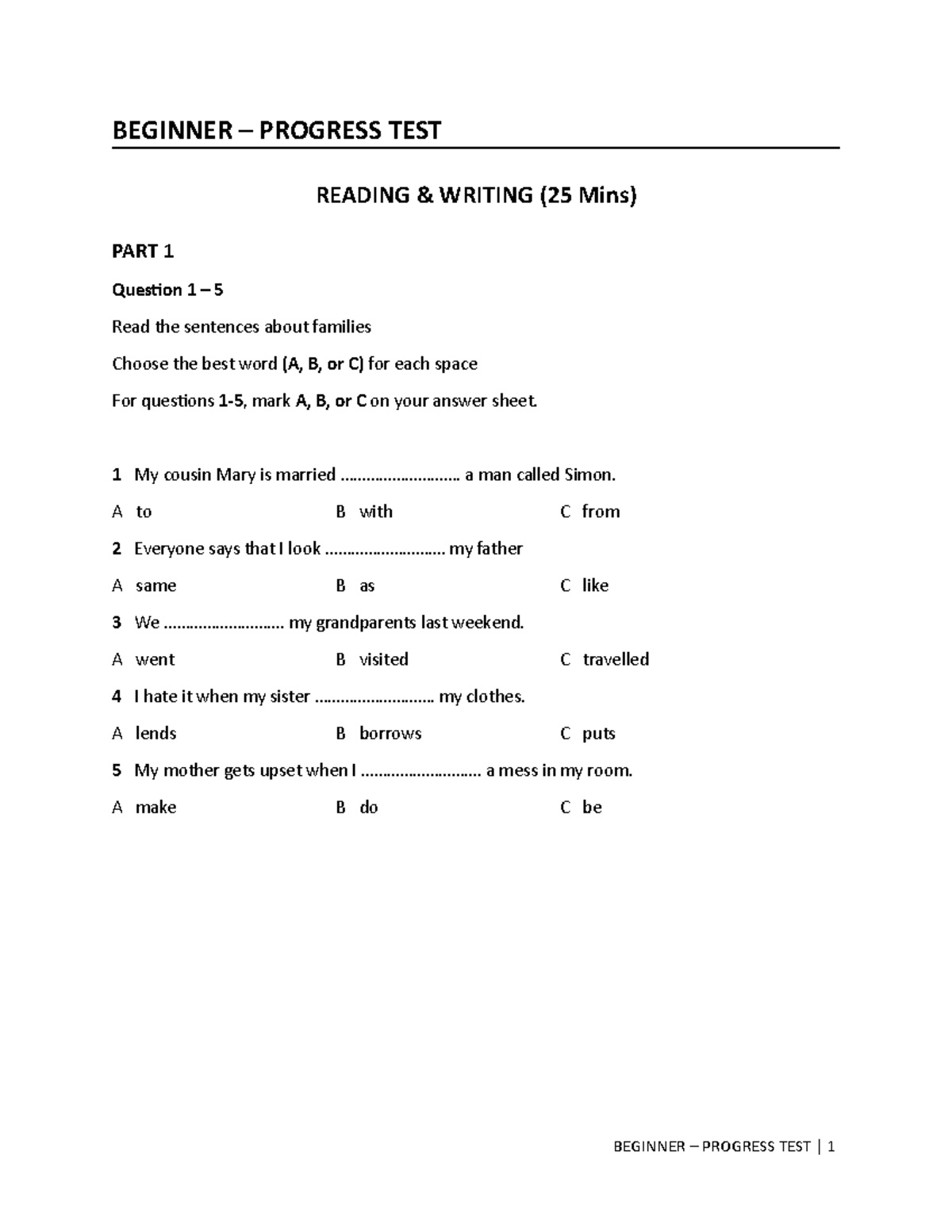 Beginner - Progress TEST ( W + R + L) - BEGINNER – PROGRESS TEST ...