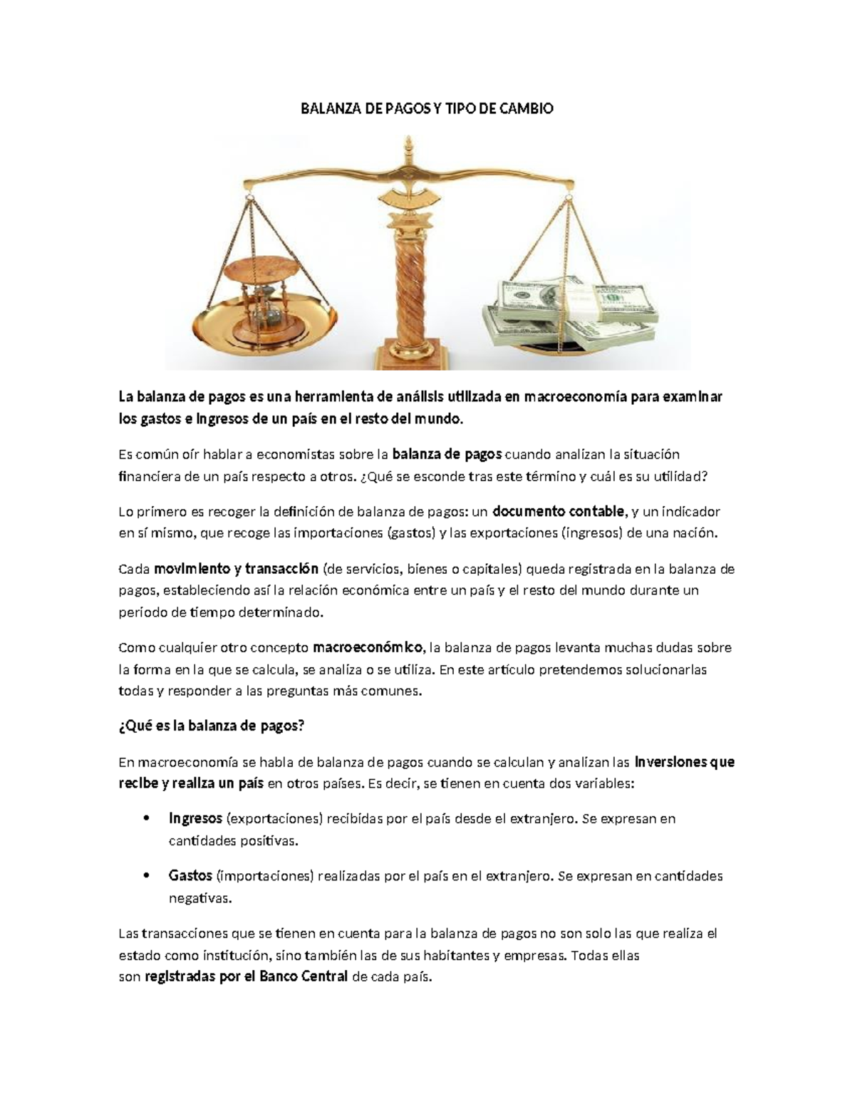 Balanza DE Pagos Y TIPO DE Cambio - BALANZA DE PAGOS Y TIPO DE CAMBIO La balanza de pagos es una ...