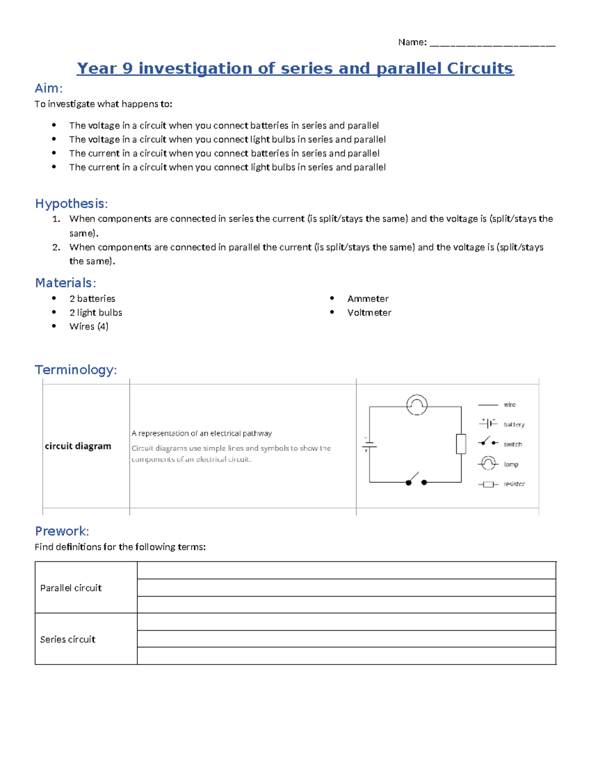 Year 9 investigation of series and parallel Circuits - Name ...