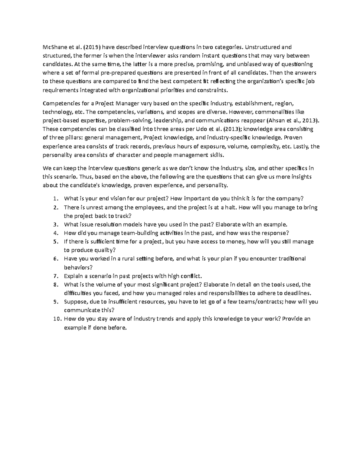 Interview questions peer discussion - McShane et al. (2019) have ...
