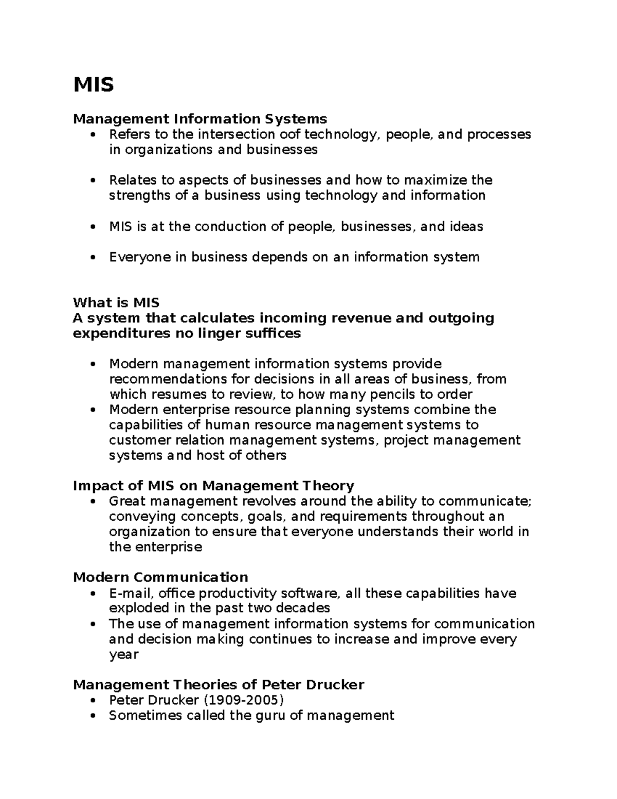 MIS - For Early part of the semester - MIS Management Information Systems Refers to the - Studocu