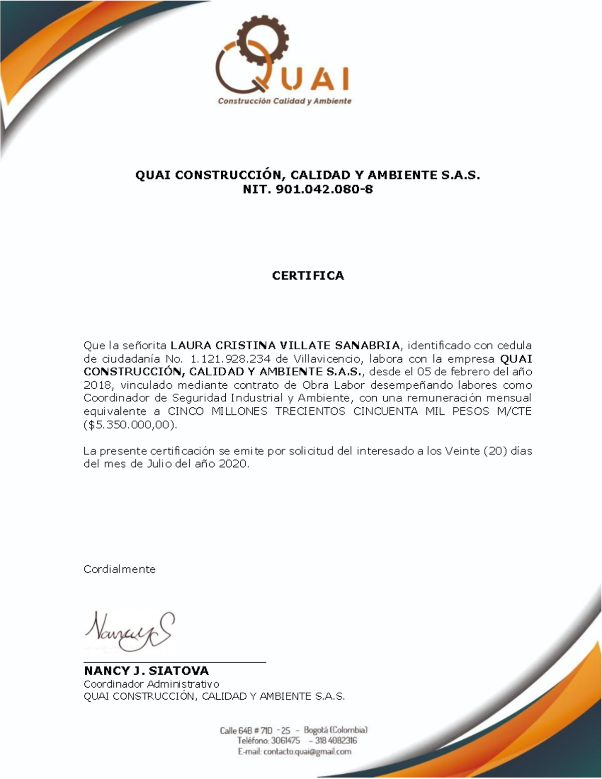 Certificación Laura QUAI - QUAI CONSTRUCCIÓN, CALIDAD Y AMBIENTE S.A ...