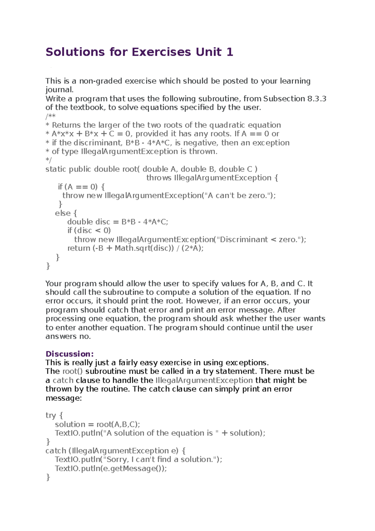 Solutions for Exercises Unit 1 - Write a program that uses the following subroutine, from ...