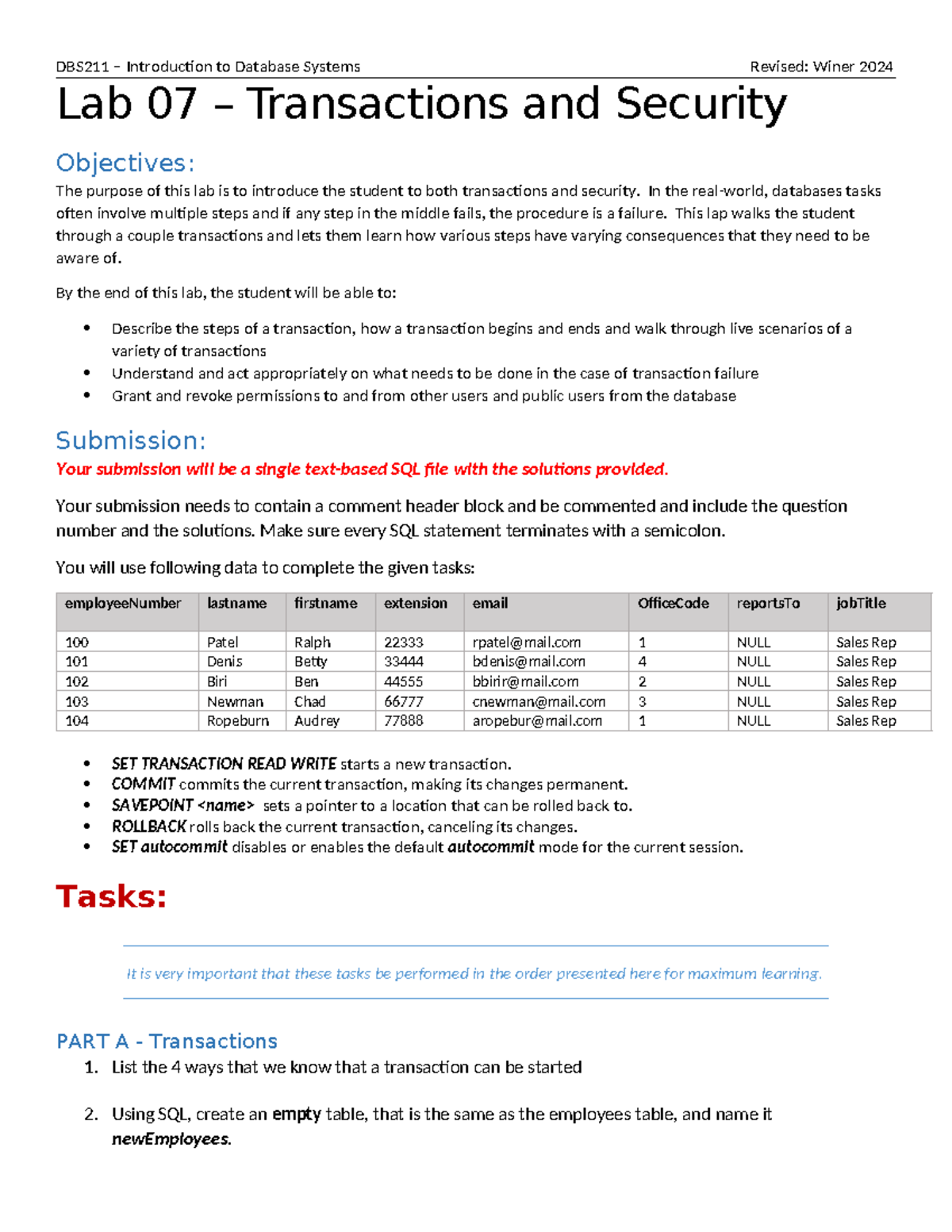 DBS211 Lab07 Transactions - DBS211 – Introduction to Database Systems Revised: Winer 2024 Lab 07 ...
