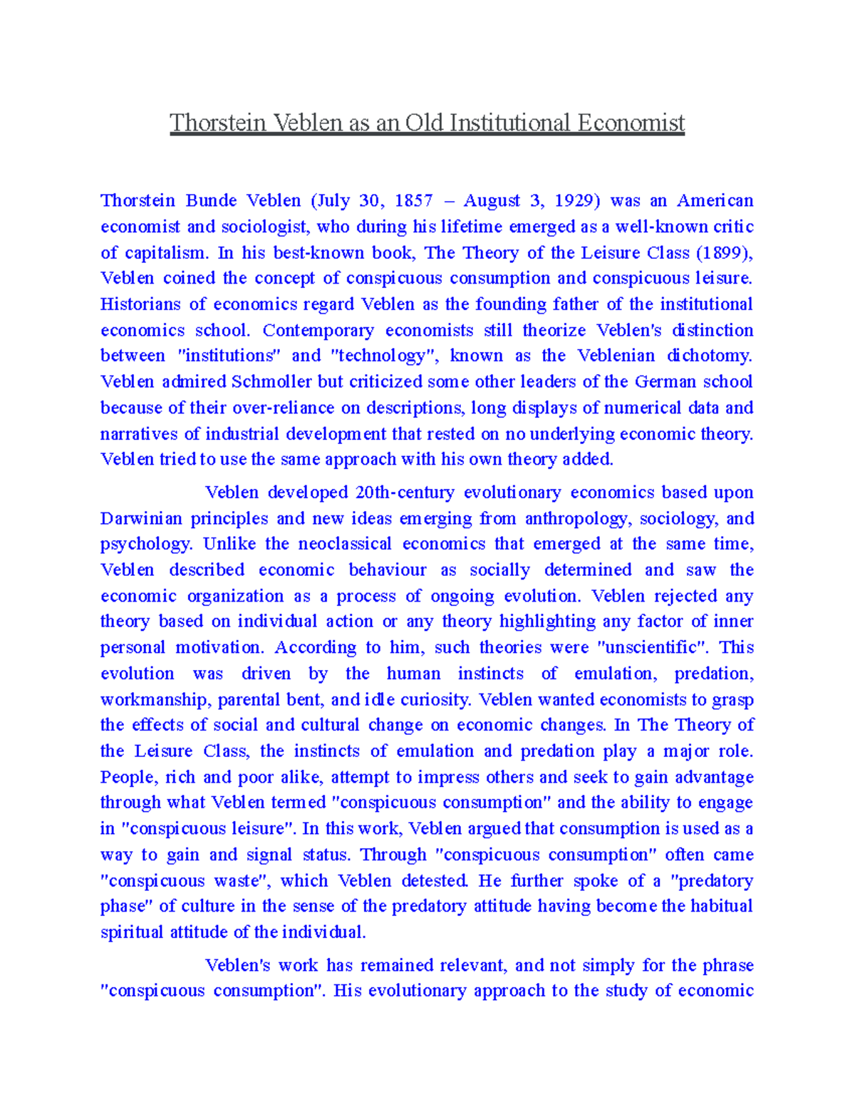Assignment 2 - Thorstein Veblen as an Old Institutional Economist ...