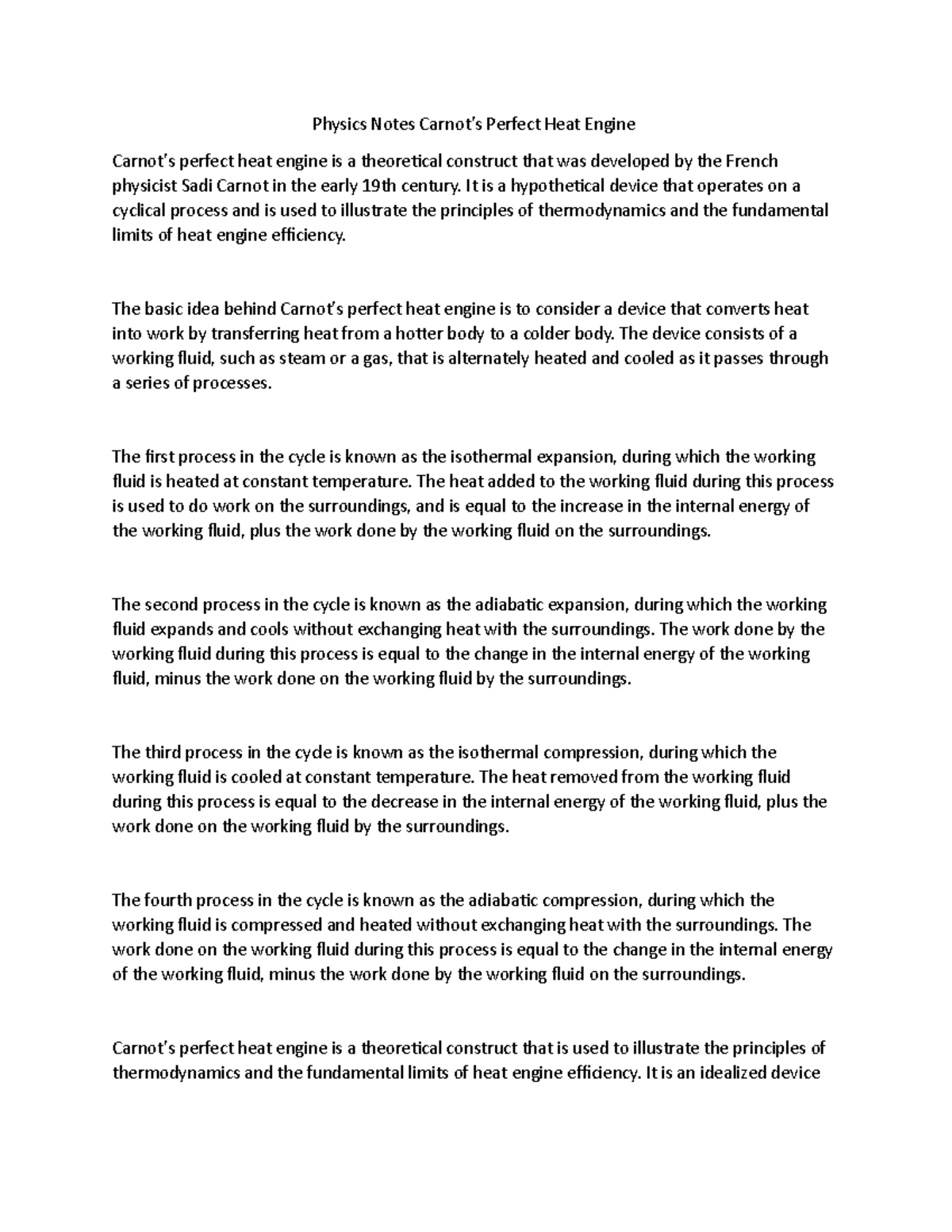 Physics Notes Carnot Engine - Physics Notes Carnot’s Perfect Heat ...