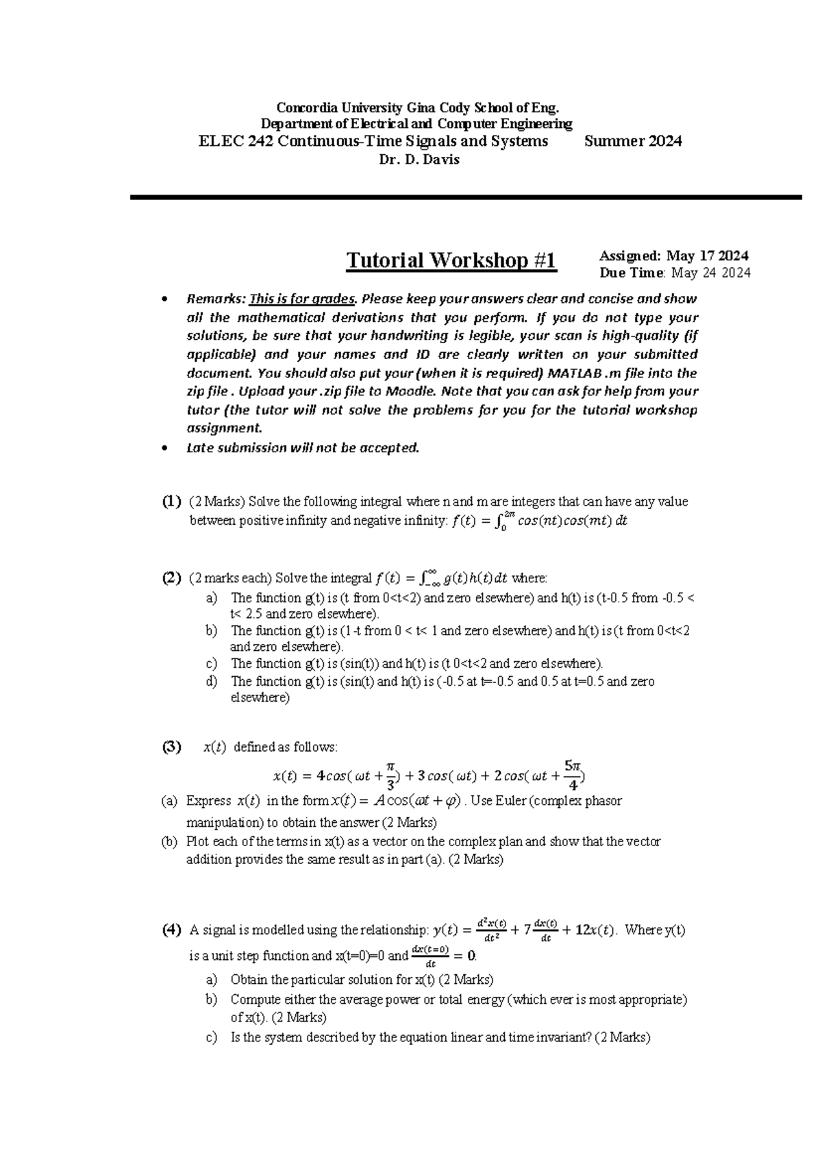 ELEC 242 Tutorial Workshop 1 Summer 2024 Grading - Concordia University ...