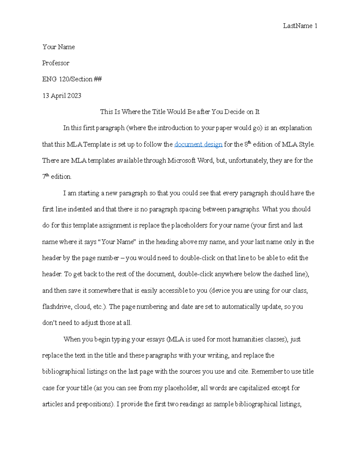MLA template - MLA guide - LastName 1 Your Name Professor ENG 120 ...