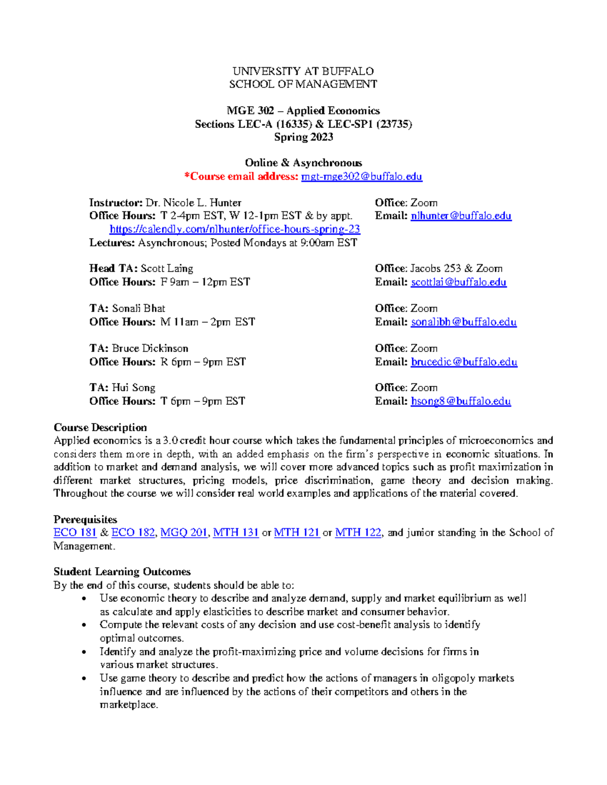 Syllabus - MGE 302 - Spring 2023 - UNIVERSITY AT BUFFALO SCHOOL OF ...