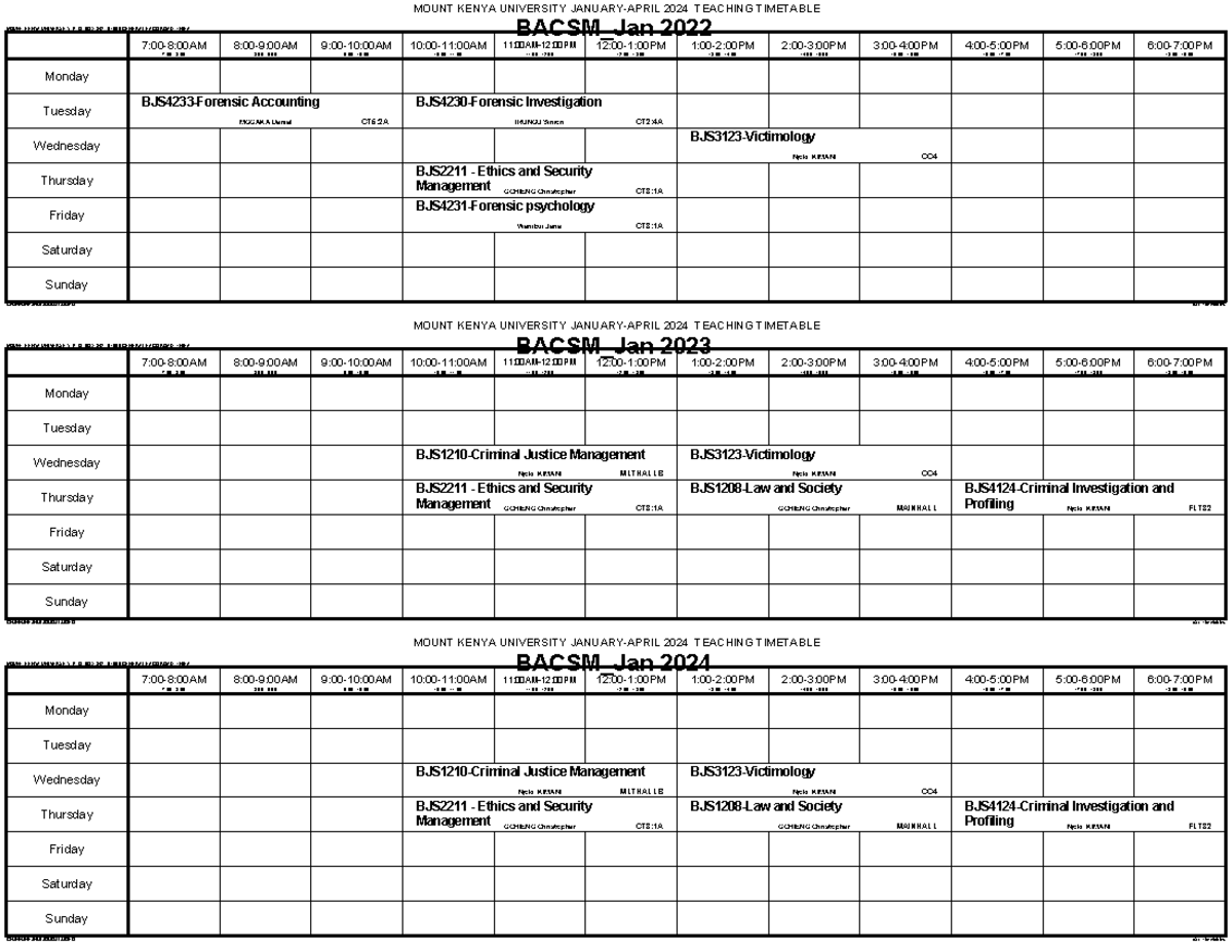 Thika Campus JAN - April 2024 Teaching Timetable - MOUNT KENYA UNIVERSITY, P. O. BOX 342 - - Studocu