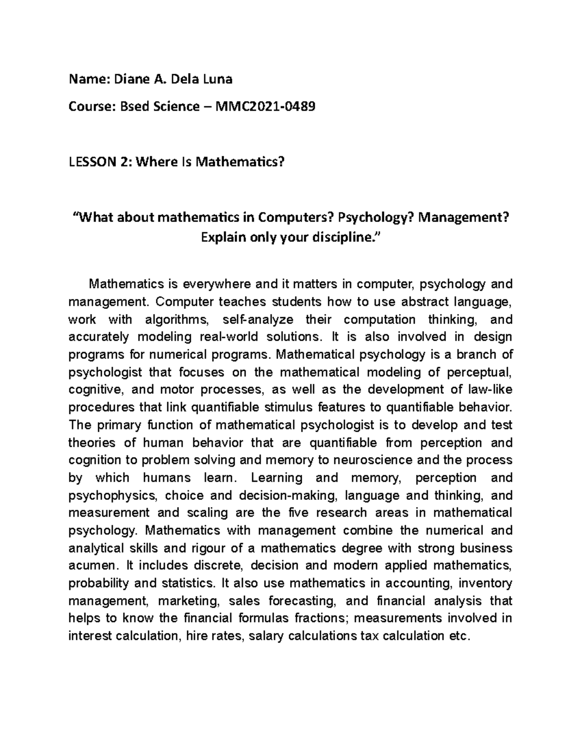 Lesson 2 Where is Mathematics - BS Secondary Education - MinSCAT - Studocu