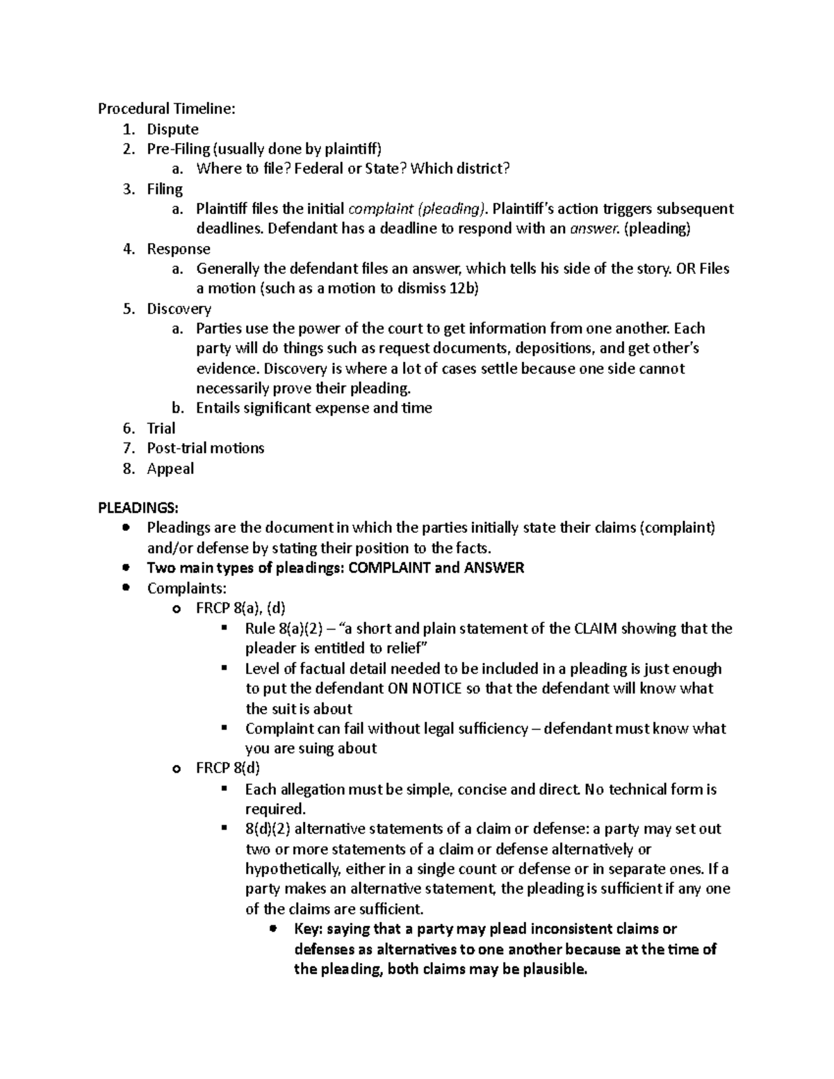 Civ Pro Outline - Procedural Timeline: 1. Dispute 2. Pre-Filing ...