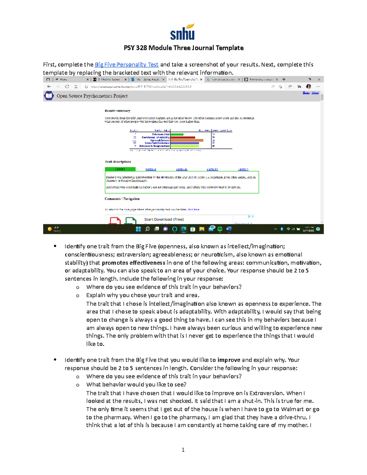 PSY 328 Module Three Journal - Next, complete this template replacing the bracketed text with ...