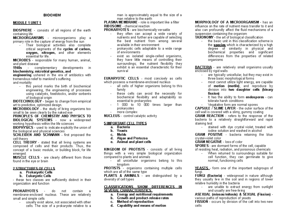 Combinepdf - PDF FOR COMBINE REVIEWER - BIOCHEM MODULE 1 UNIT 1 BIOSPHERE - consists of all ...