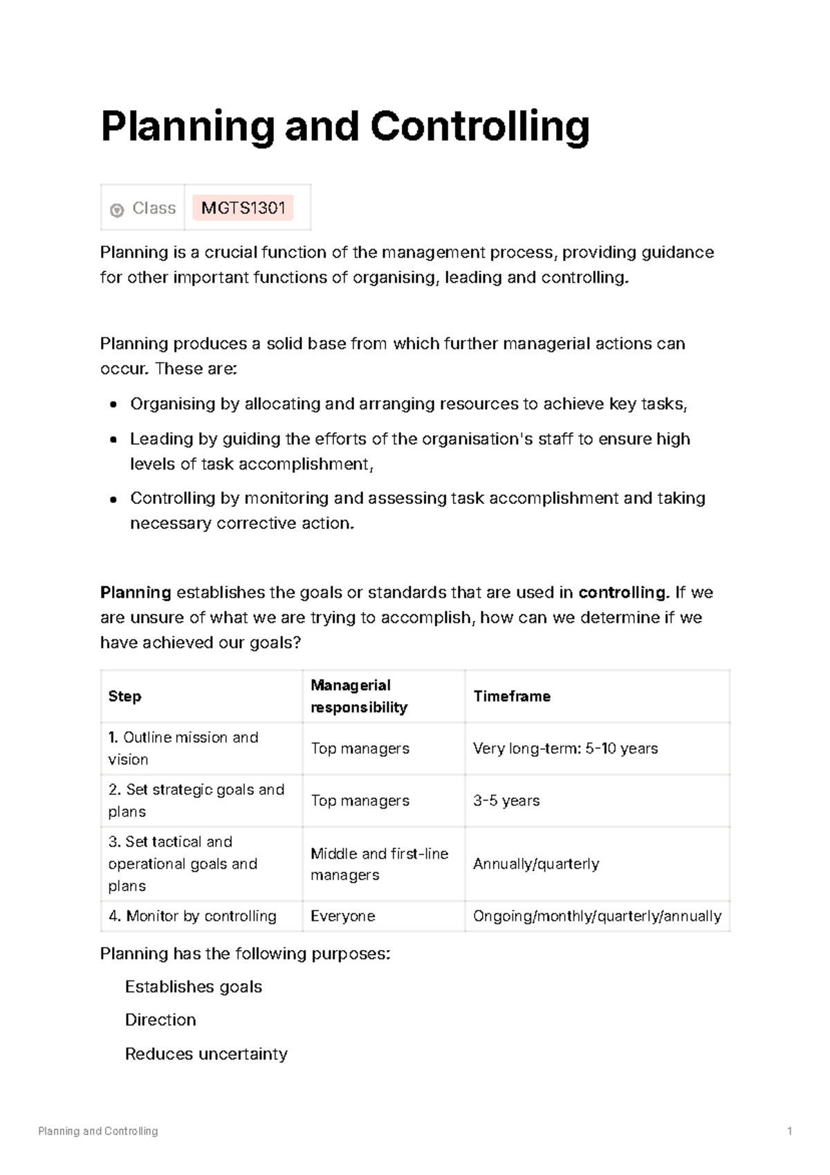 Planning and Controlling - Planning and Controlling Class MGTS Planning ...
