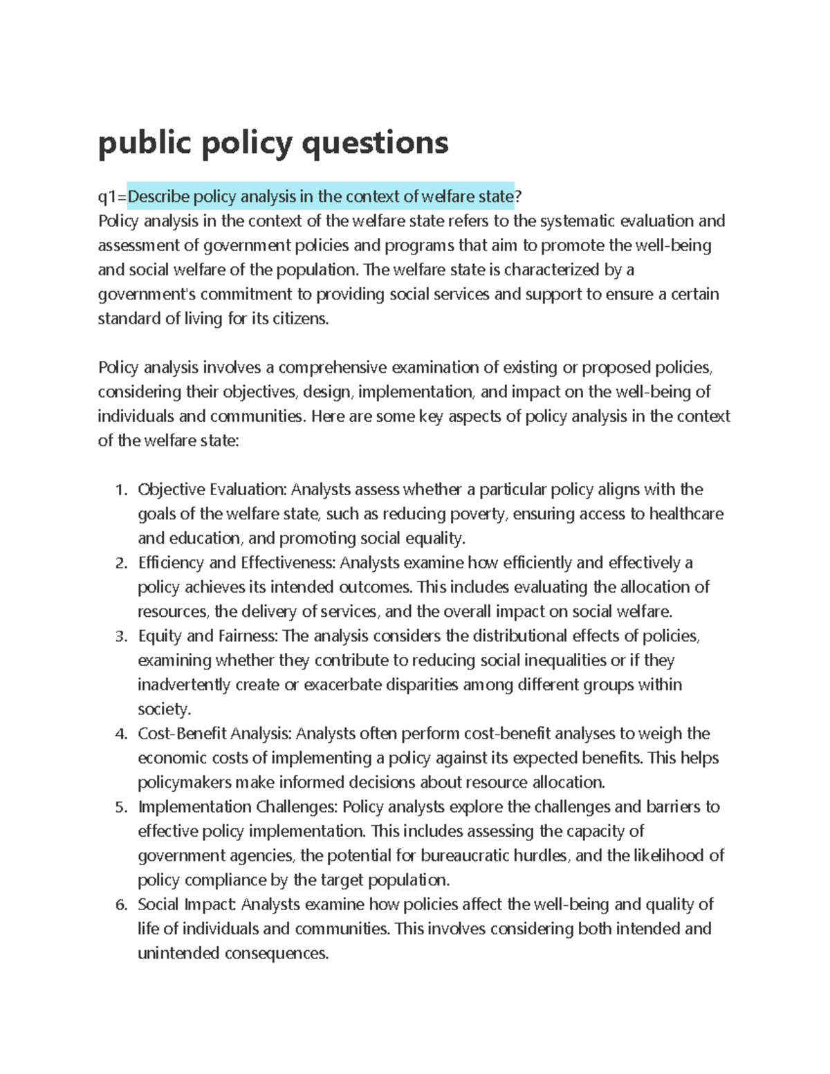 Public policy questions - public policy questions q1=Describe policy ...