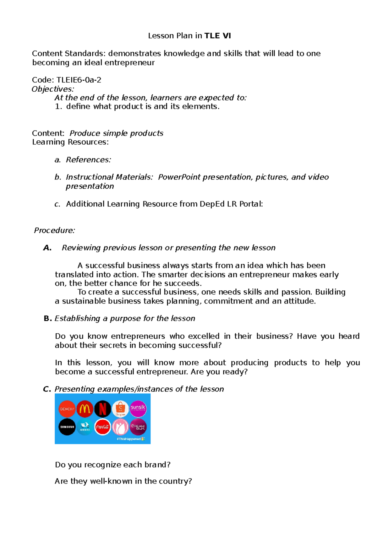 grade six lesson plan in TLE - Lesson Plan in TLE VI Content Standards ...