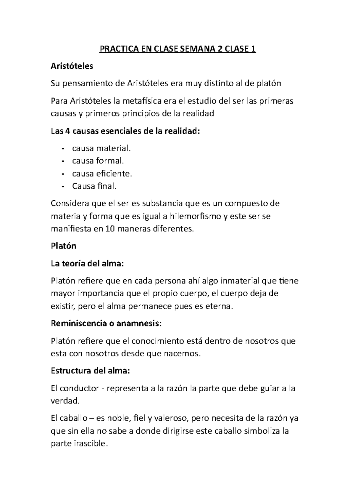 Practica EN Clase 2 - PRACTICA EN CLASE SEMANA 2 CLASE 1 Aristóteles Su pensamiento de ...