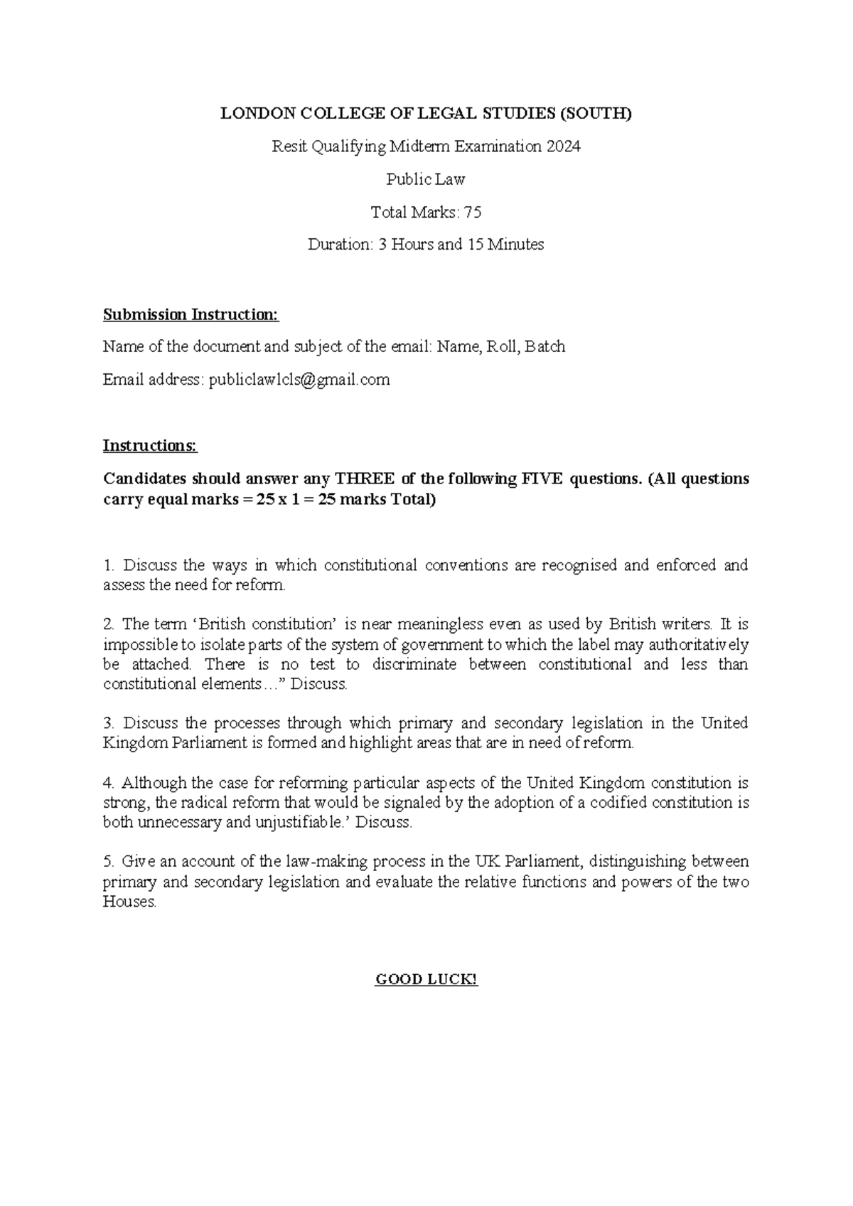 QMT Resit Public LAW B3 - notes - LONDON COLLEGE OF LEGAL STUDIES ...