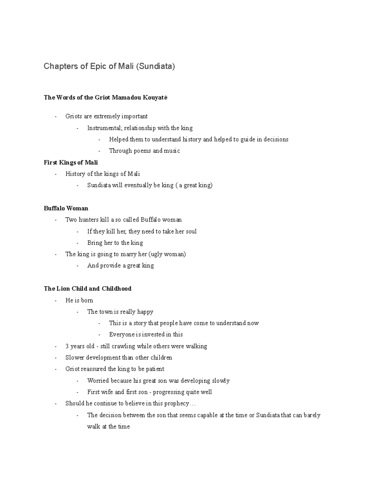 Sundiata Notes - Chapters of Epic of Mali (Sundiata) The Words of the ...