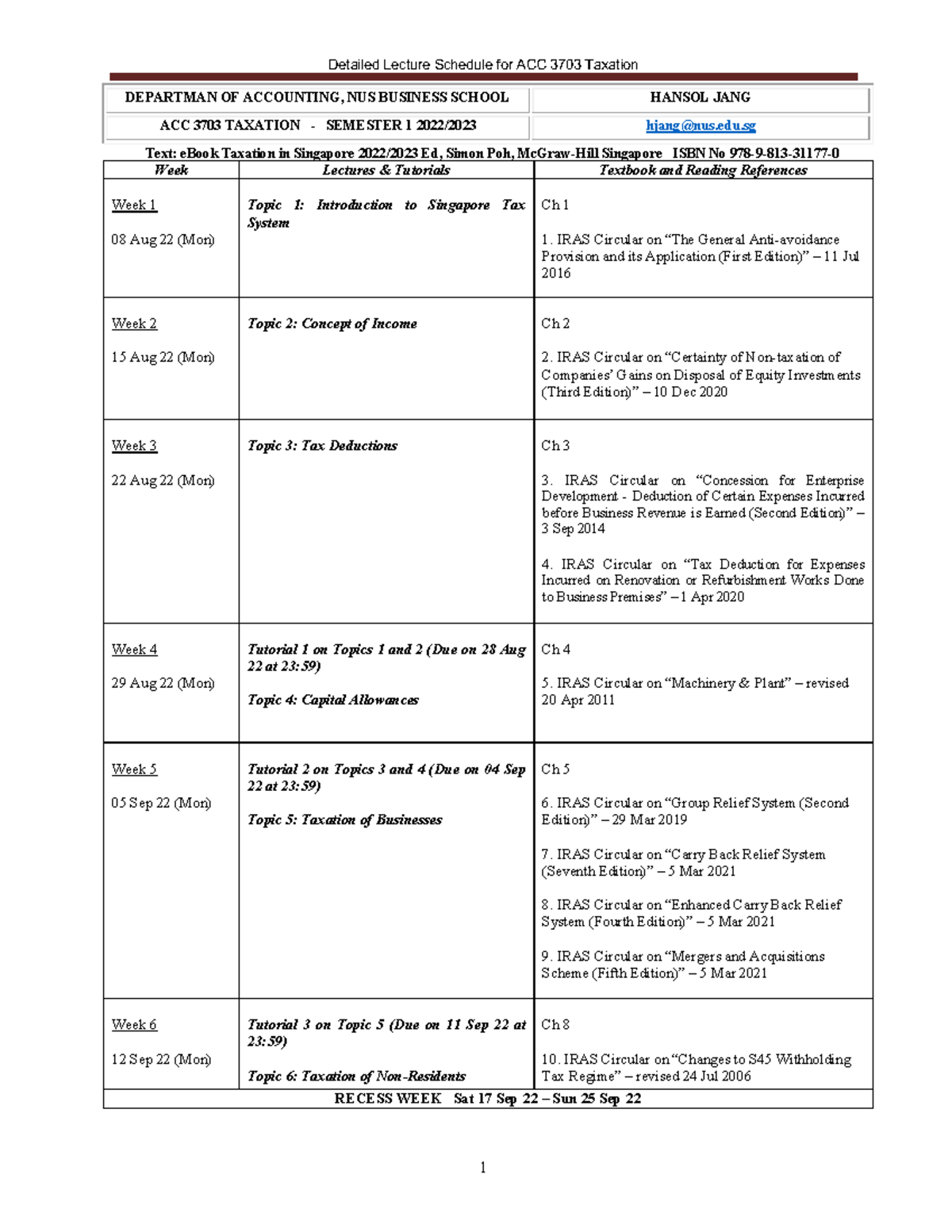 ACC 3703 Taxation detailed teaching schedule for AY22 23 sem 1 ...