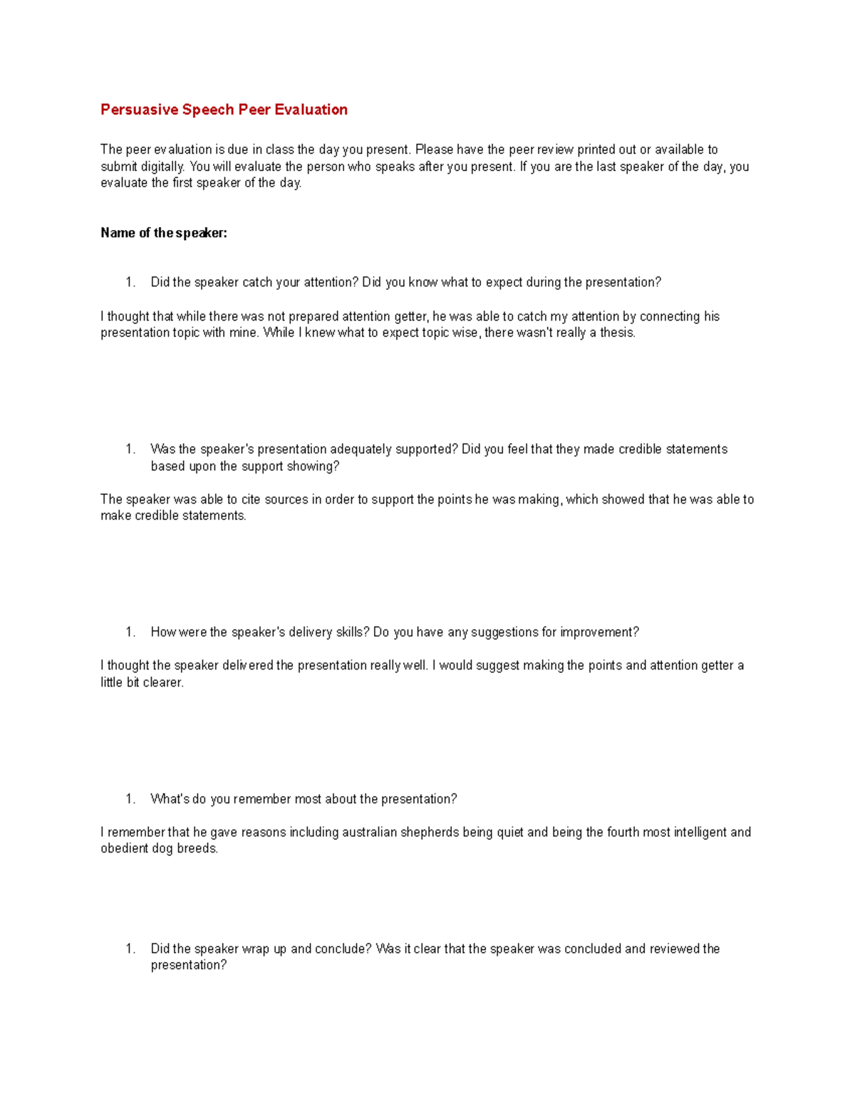 Persuasive Speech Peer Evaluation - Please have the peer review printed ...