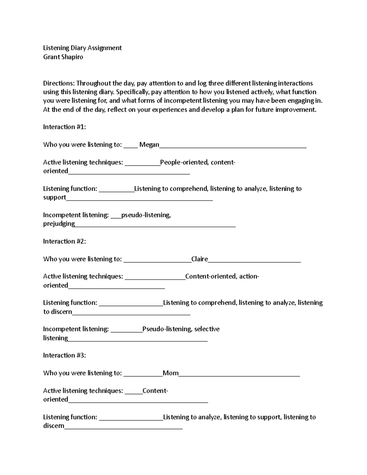 Listening Diary Assignment - Listening Diary Assignment Grant Shapiro ...